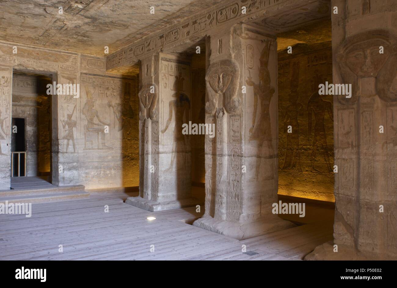 Egyptian art. Small Temple or Temple of Hathor. Inside view. Pillar ...