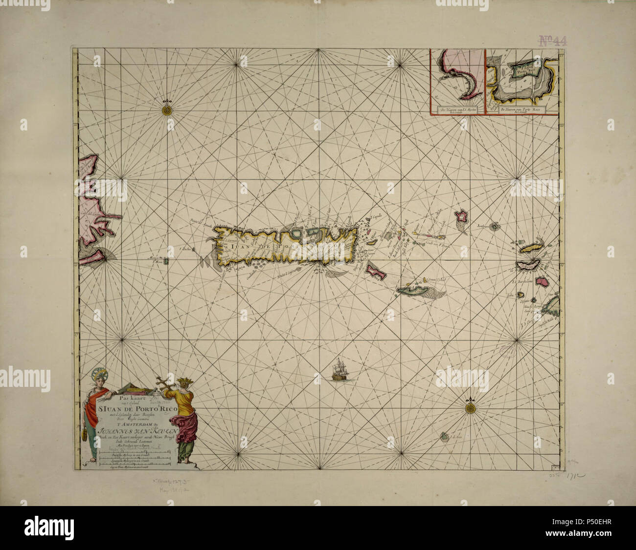 1712 Porto Rico map by Johannes van Keulen. Pas kaart van t'eyland S ...