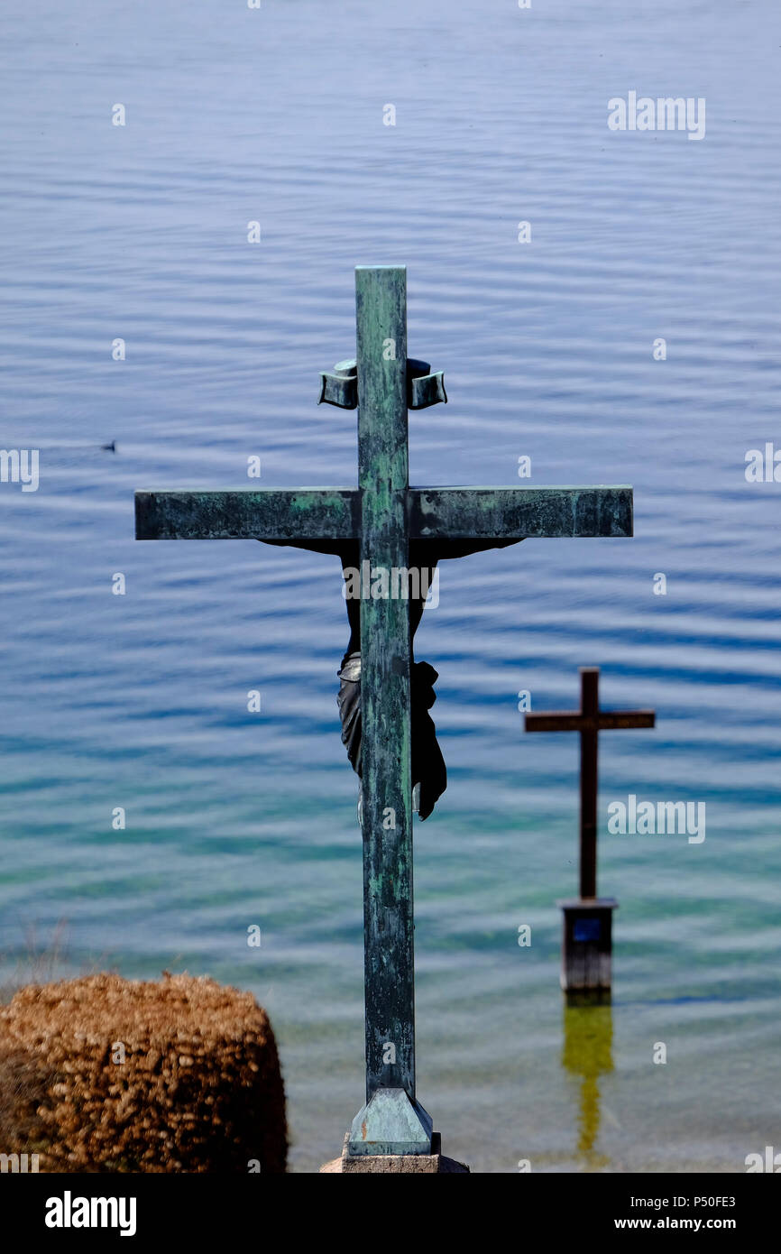 Memorial cross for King Ludwig II of Bavaria at the place of his death ...