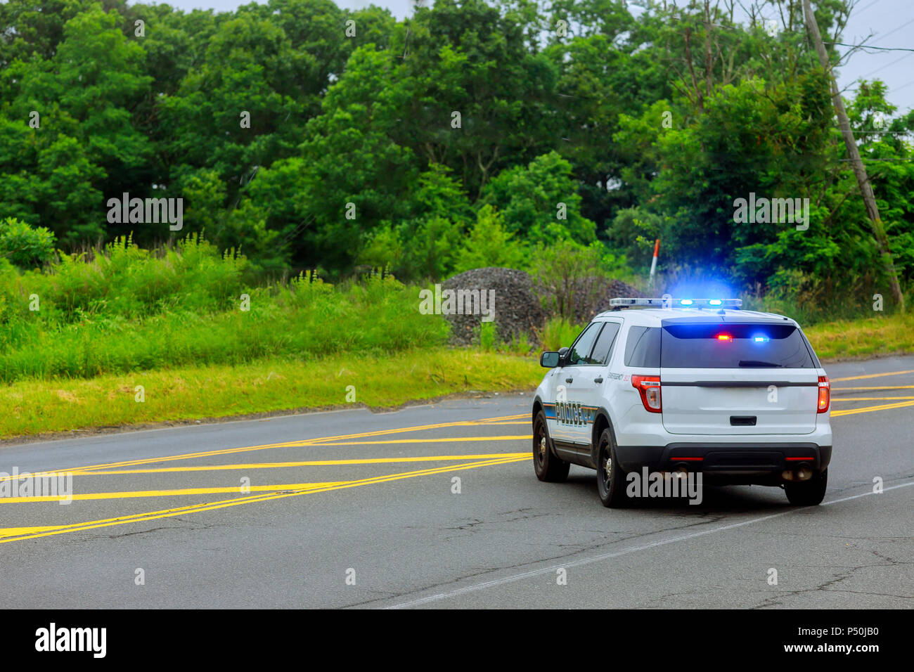Police blue and red flashing light on the car in the street Stock Photo ...