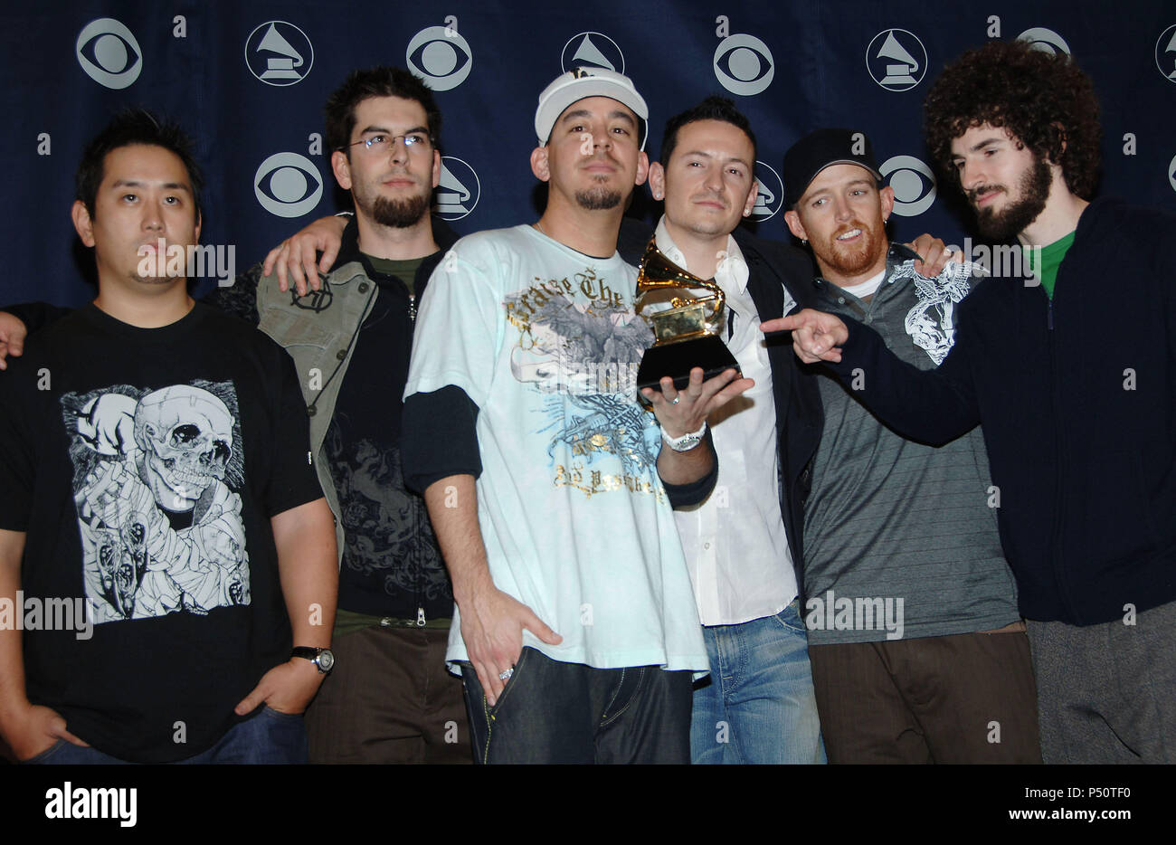 Linkin Park backstage at the 48th Grammy Awards at the Staples Center ...