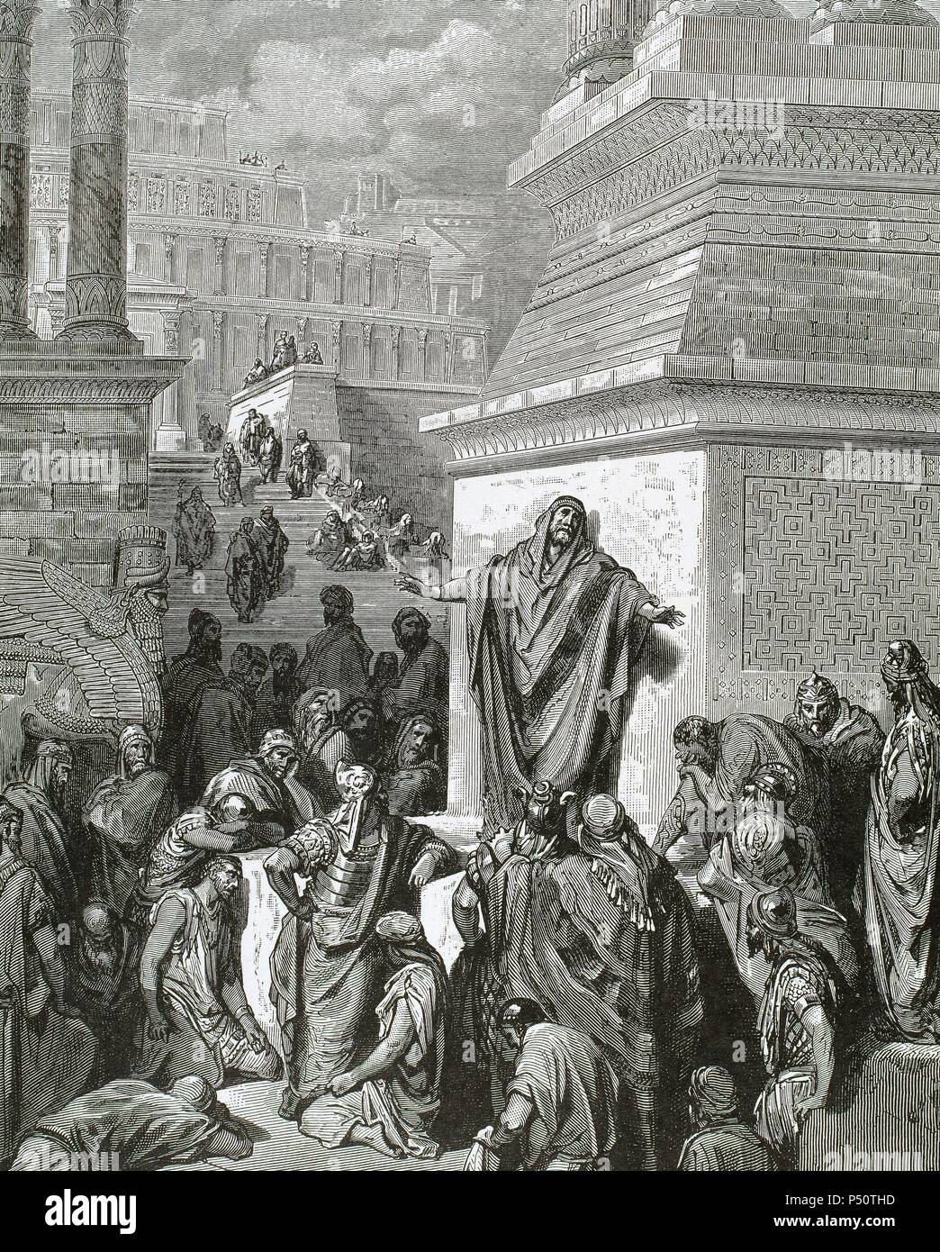 Jonah encourages Ninevites to do penitence. Gustave Dore engraving ...