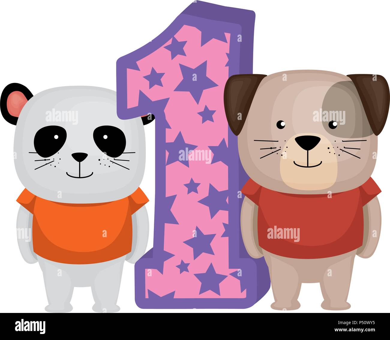 cute number one with bear panda and dog characters vector illustration ...