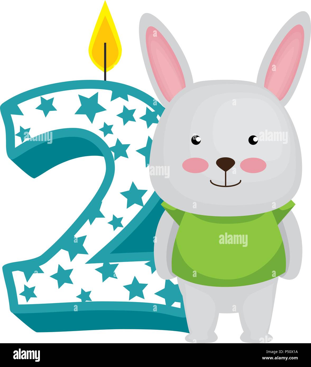 cute number two candle with rabbit character vector illustration design ...
