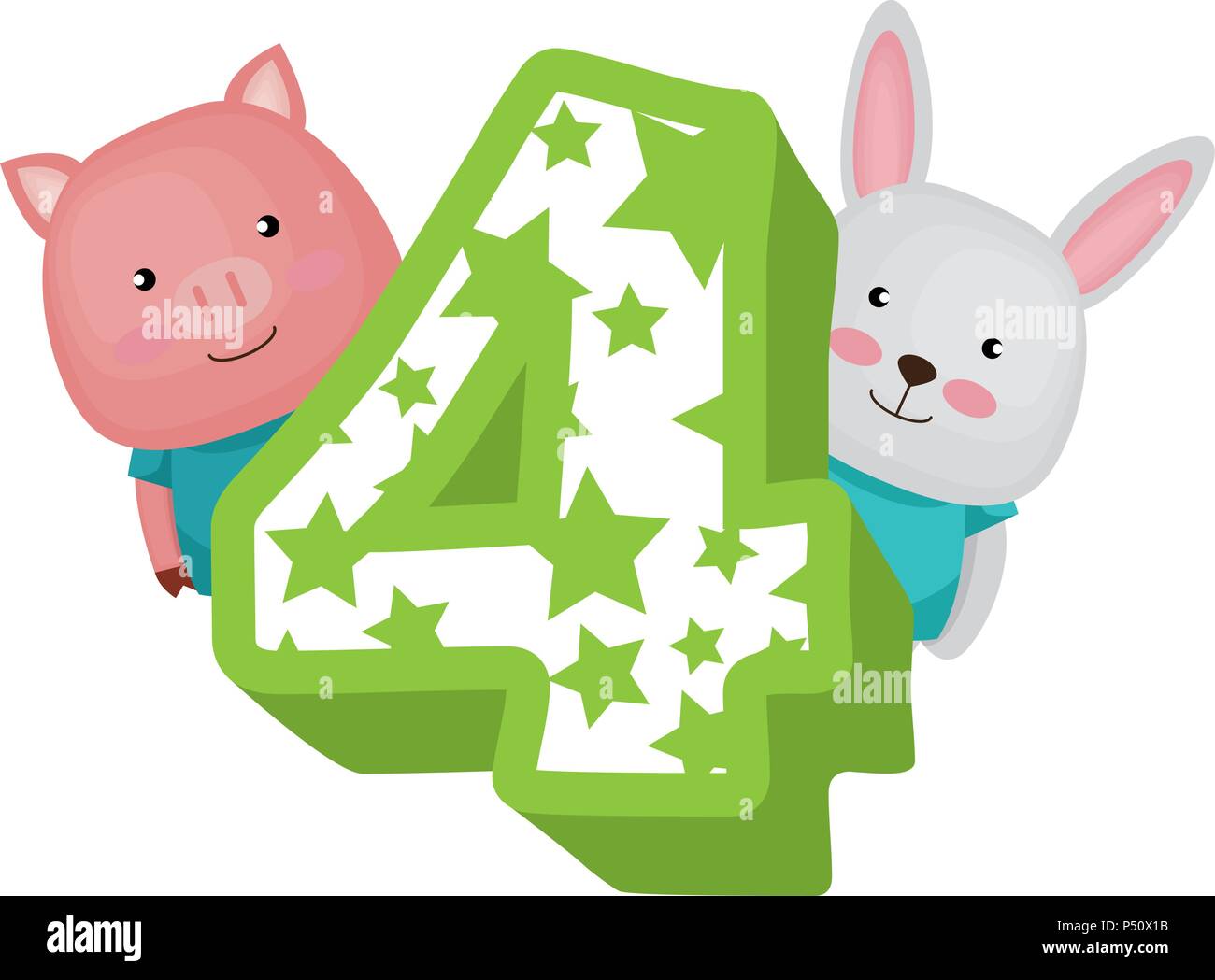 cute number four with pig and rabbit vector illustration design Stock ...