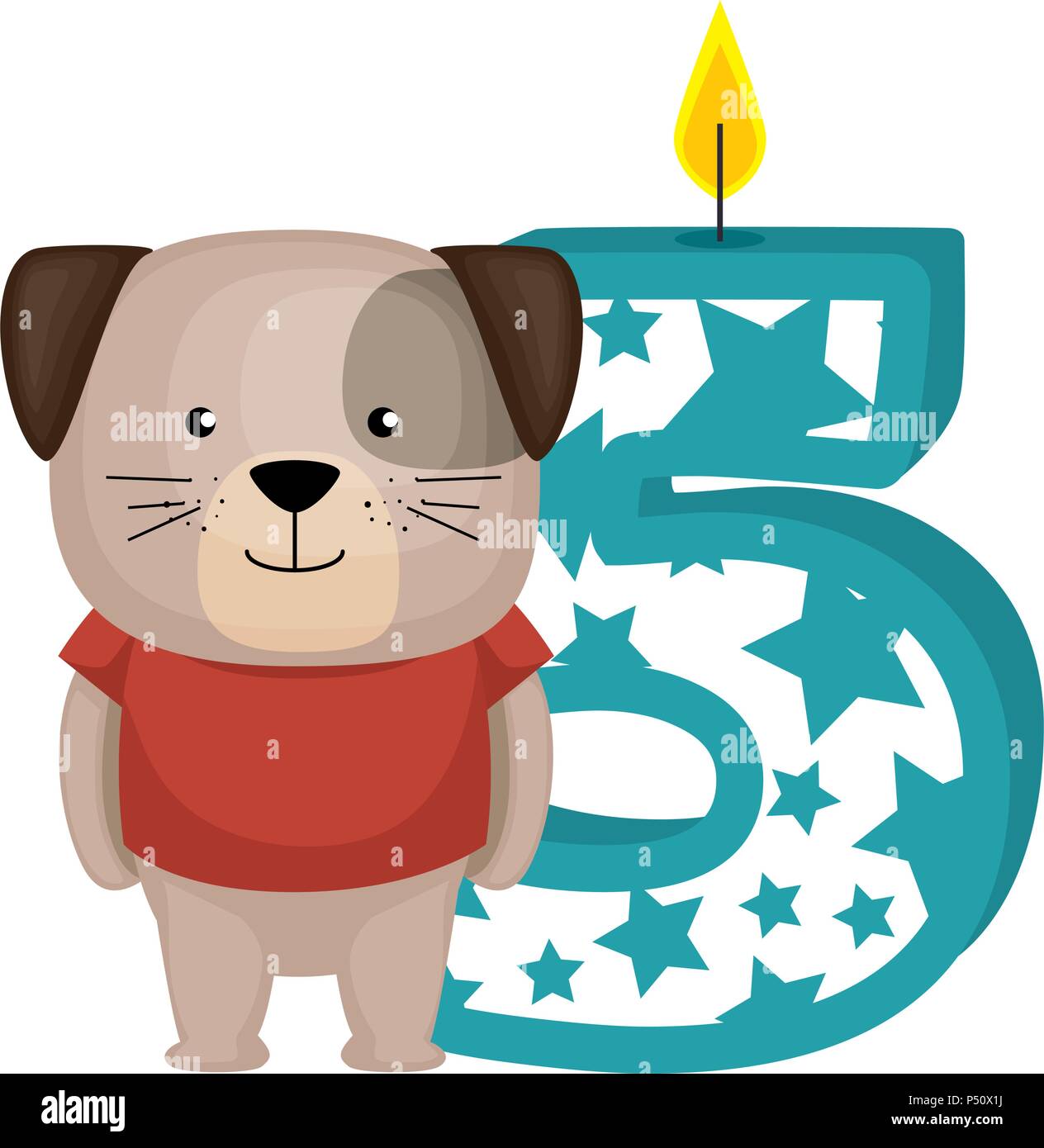 cute number five candle with dog character vector illustration design ...