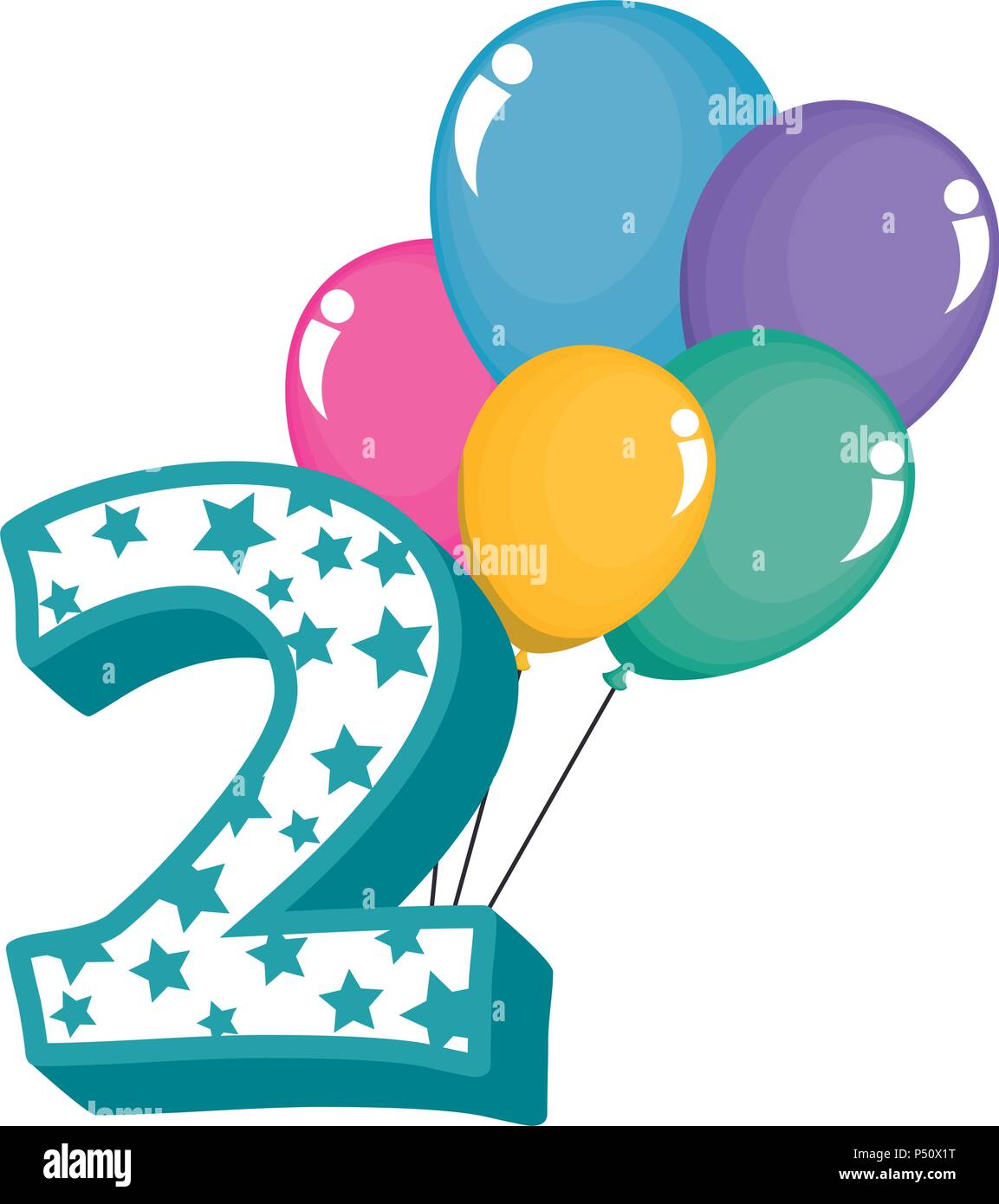 cute number two candle with balloons helium vector illustration design ...