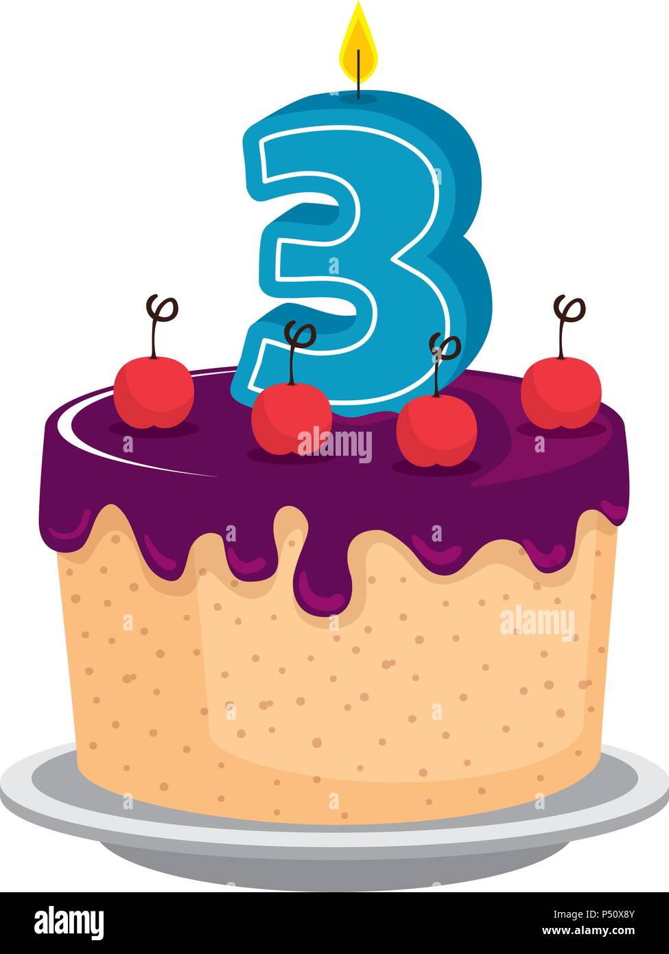 cute number three candle with sweet cake vector illustration design ...
