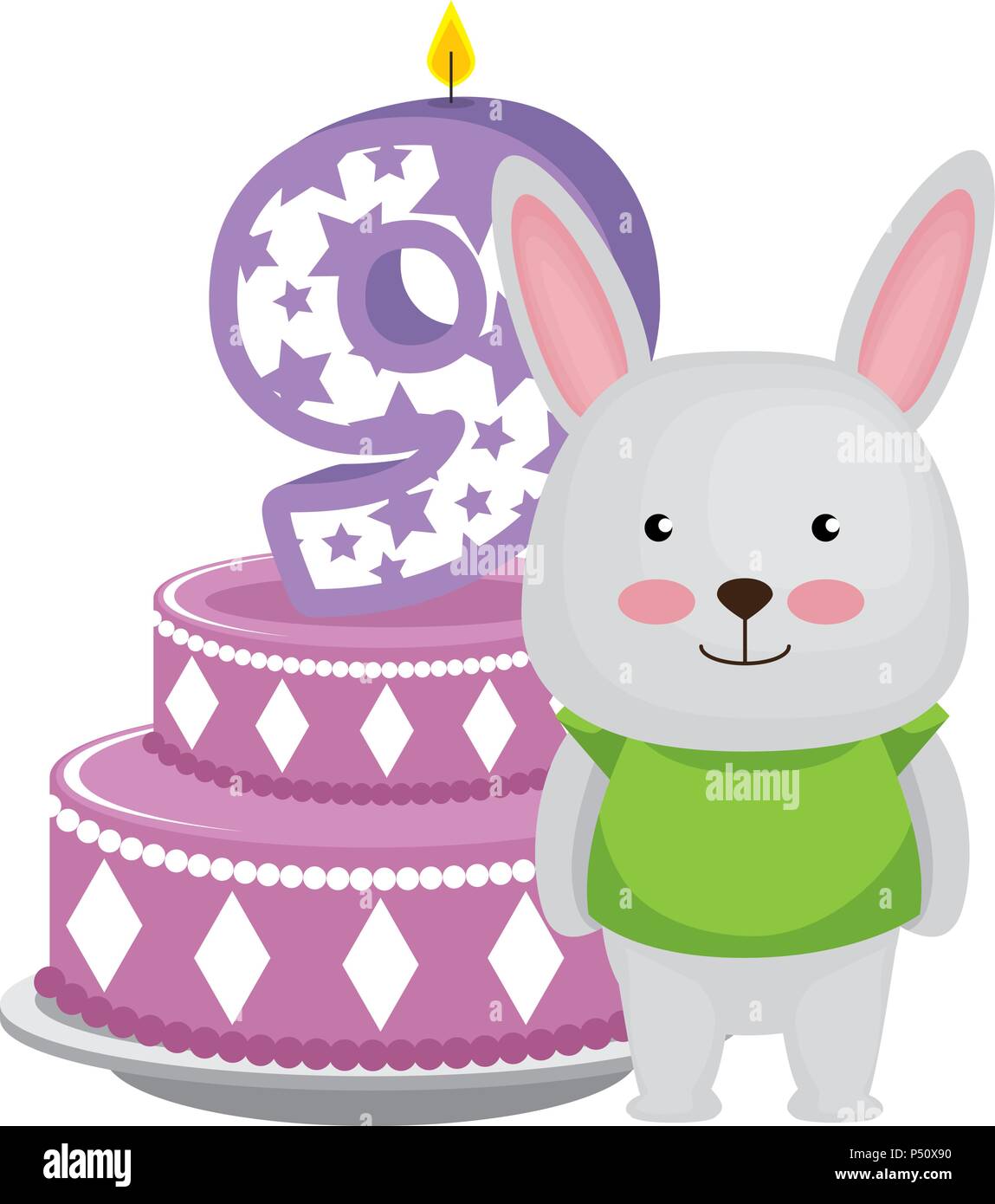 cute number nine candle with rabbit and cake vector illustration design ...