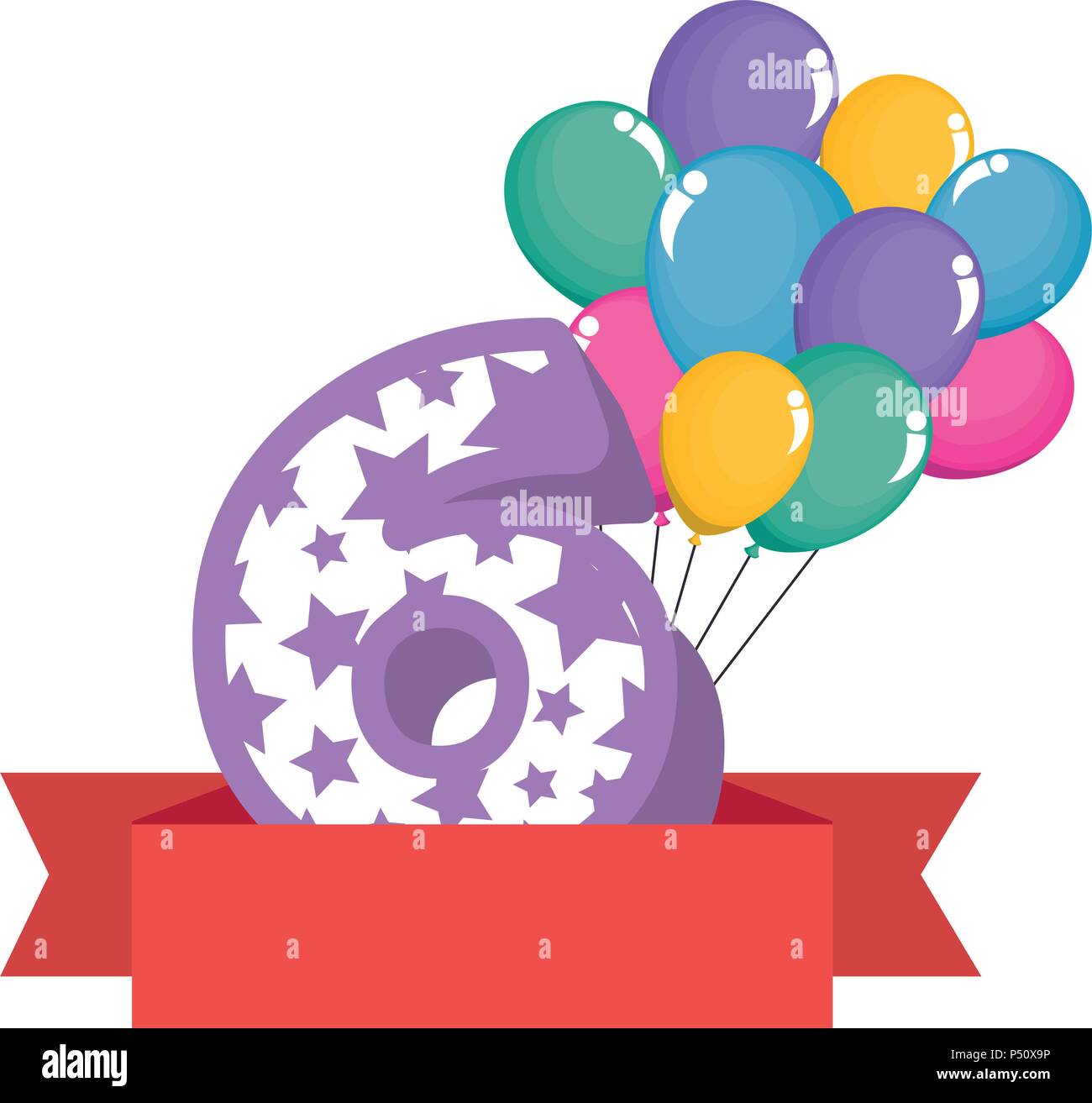 cute number six candle with balloons helium vector illustration design ...