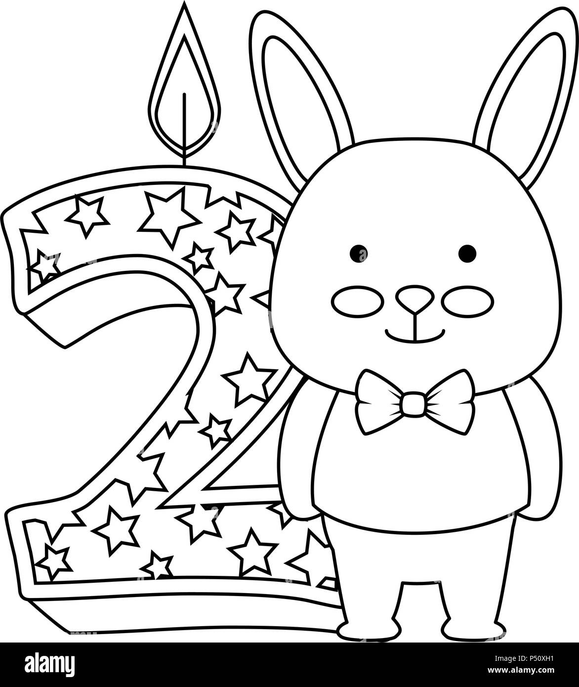 cute number two candle with rabbit character vector illustration design ...