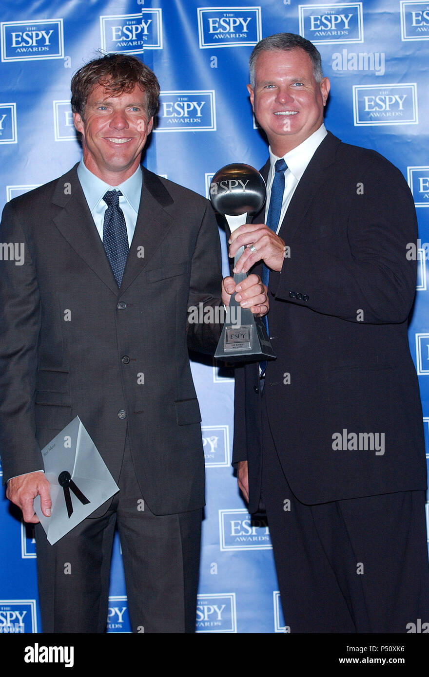 Dennis Quaid and Jim Morris posing in the press room at the 10th Annual ...
