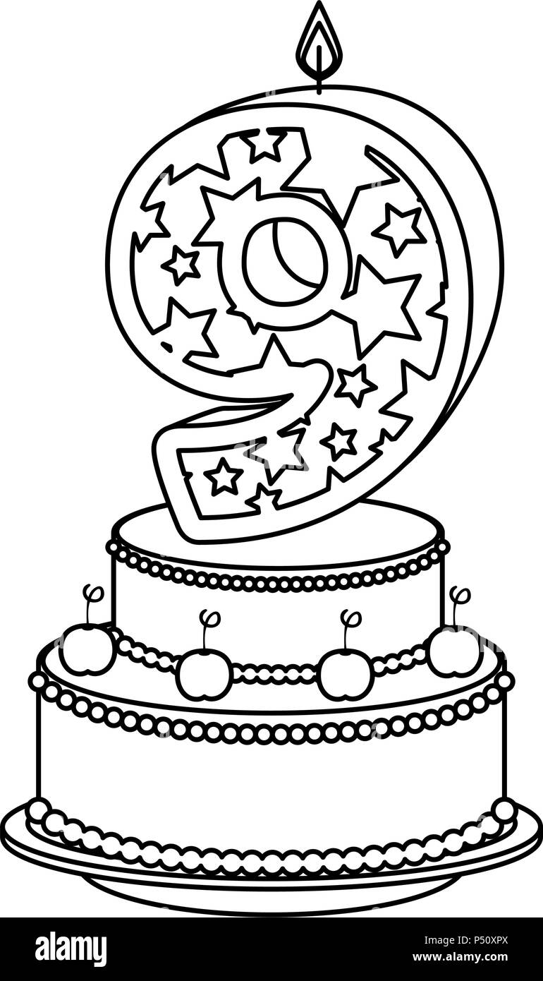 cute number nine candle with sweet cake vector illustration design ...