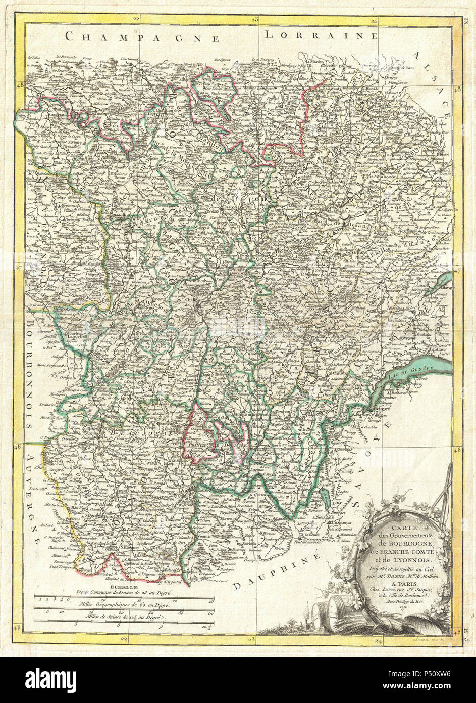 1771 Bonne Map of Burgundy, Franche-Comté, and Lyonnais, France ...