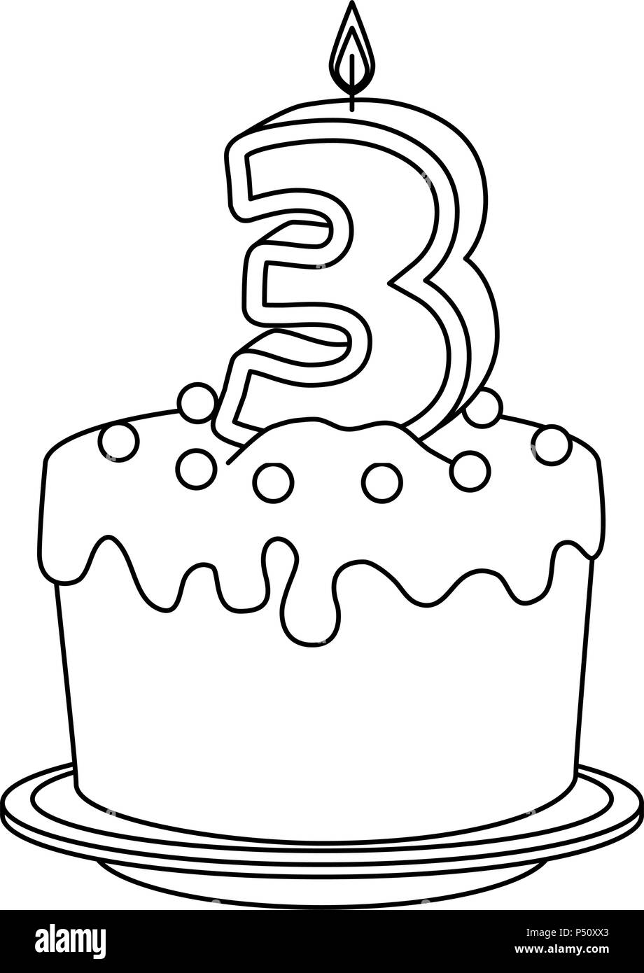 cute number three candle with sweet cake vector illustration design ...