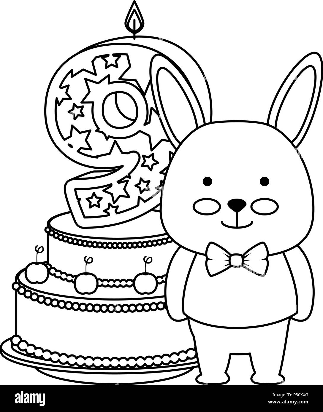 cute number nine candle with rabbit and cake vector illustration design ...