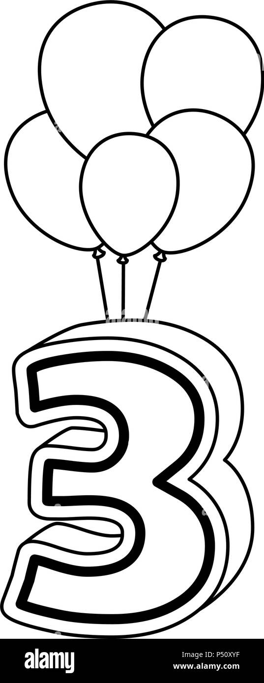 cute number three with balloons helium vector illustration design Stock ...