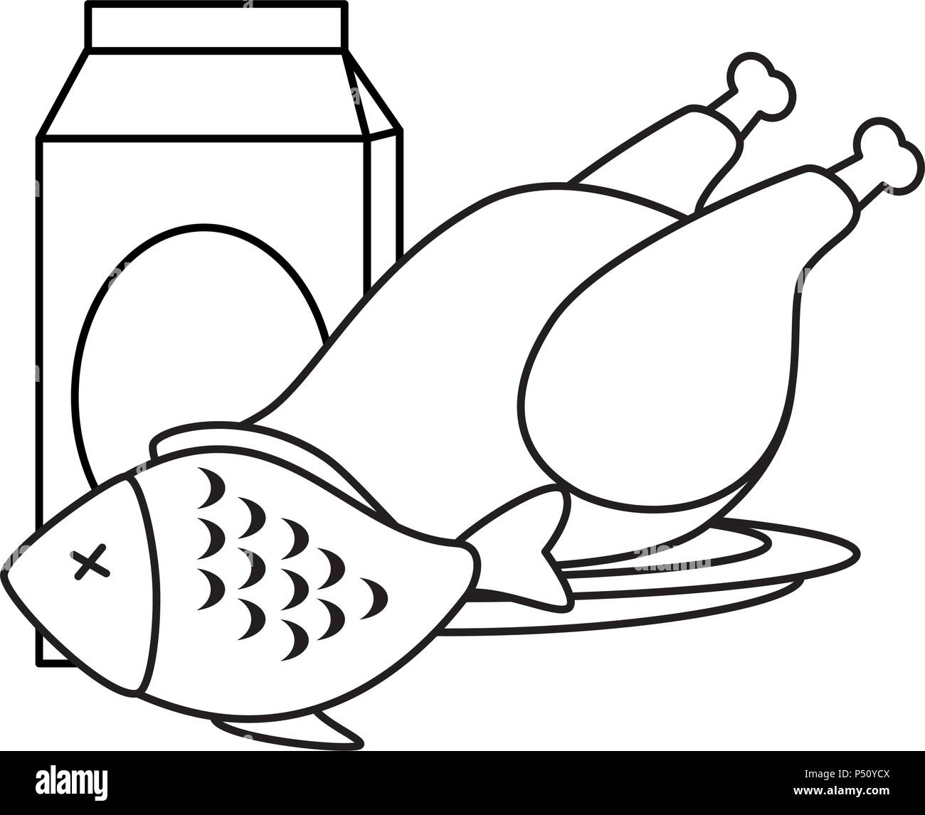 chicken and fish meat with milk box vector illustration design Stock ...