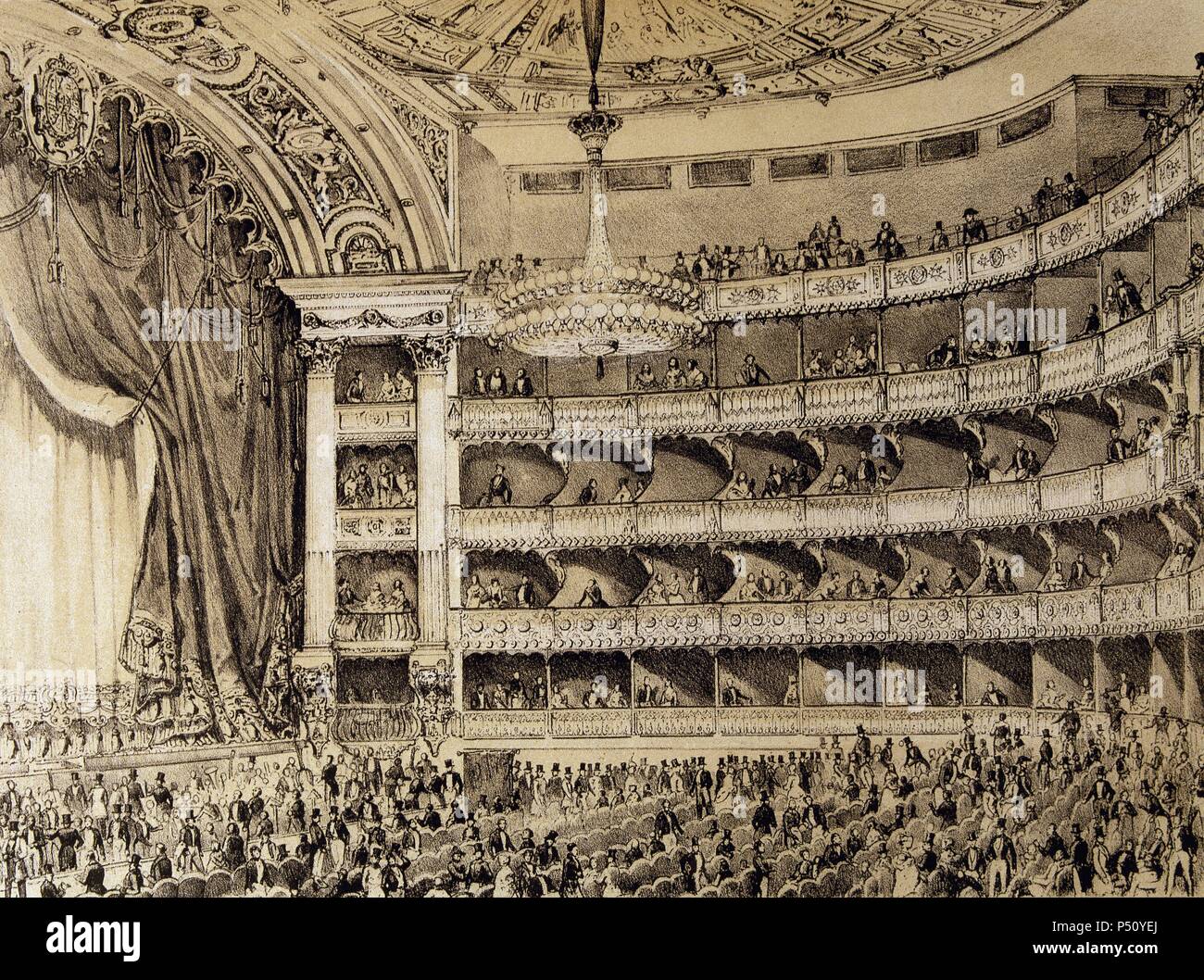 Litografía con la vista del interior del TEATRO REAL DE MADRID, obra de ...