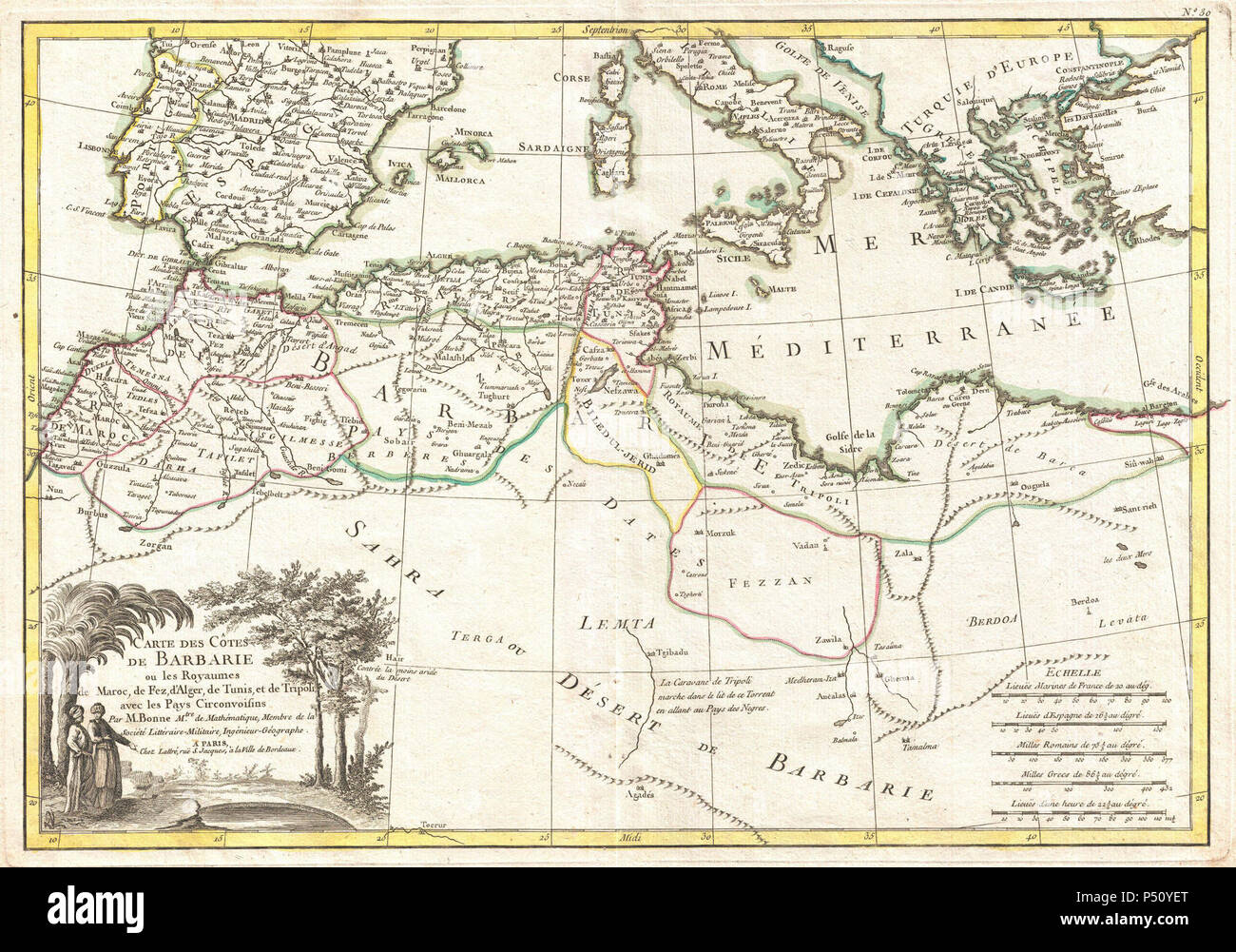 1771 Bonne Map of the Mediterranean and the Maghreb or Barbary Coast ...
