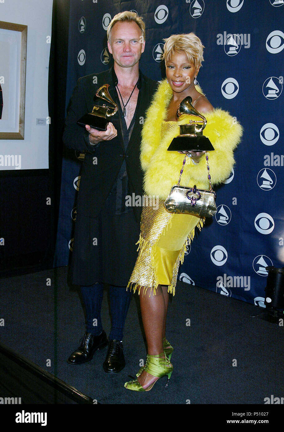 Sting and Mary J. Blige backstage at the Grammy's Awards 2004 at the ...