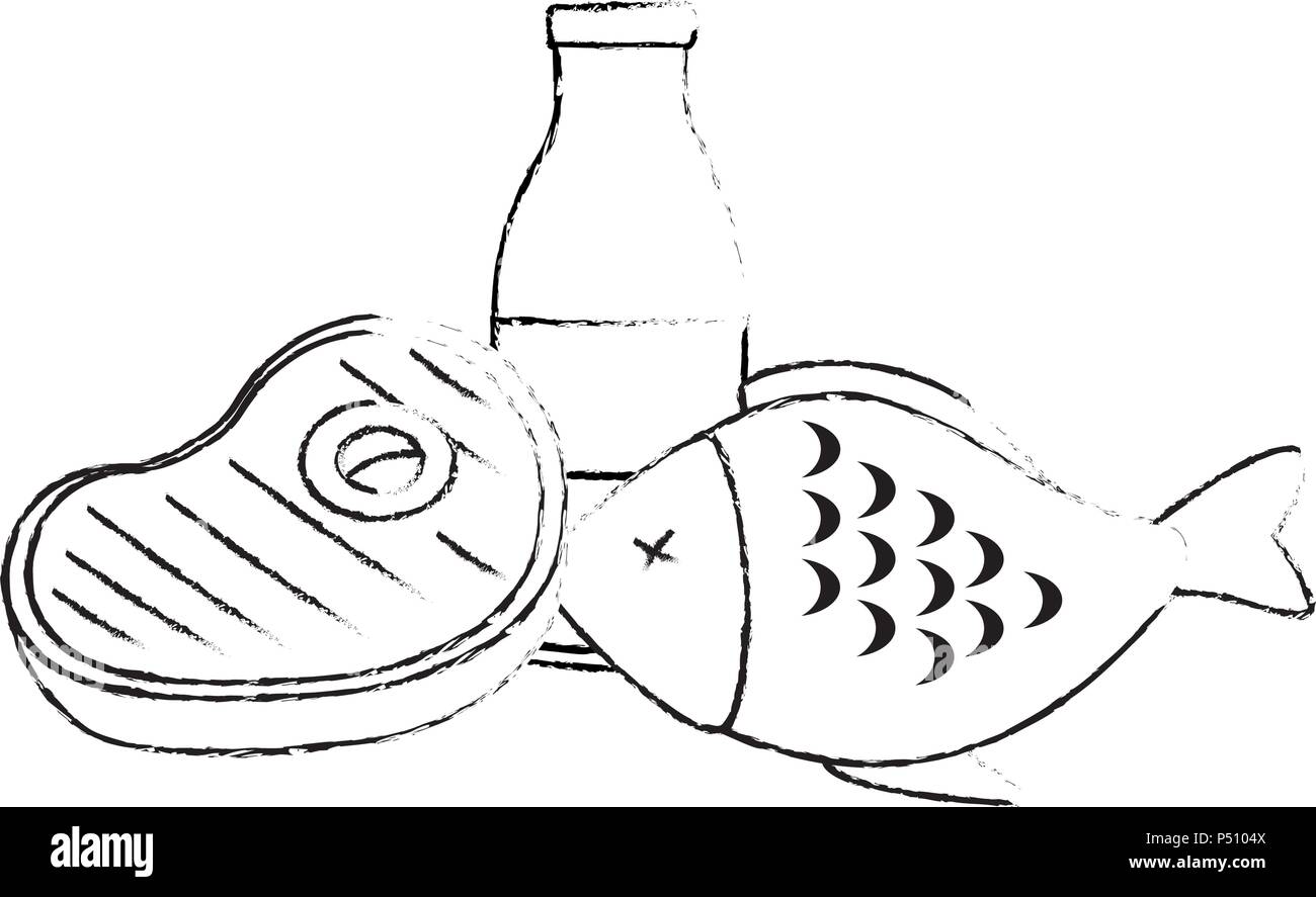 delicious fish meat with steak and milk vector illustration design ...