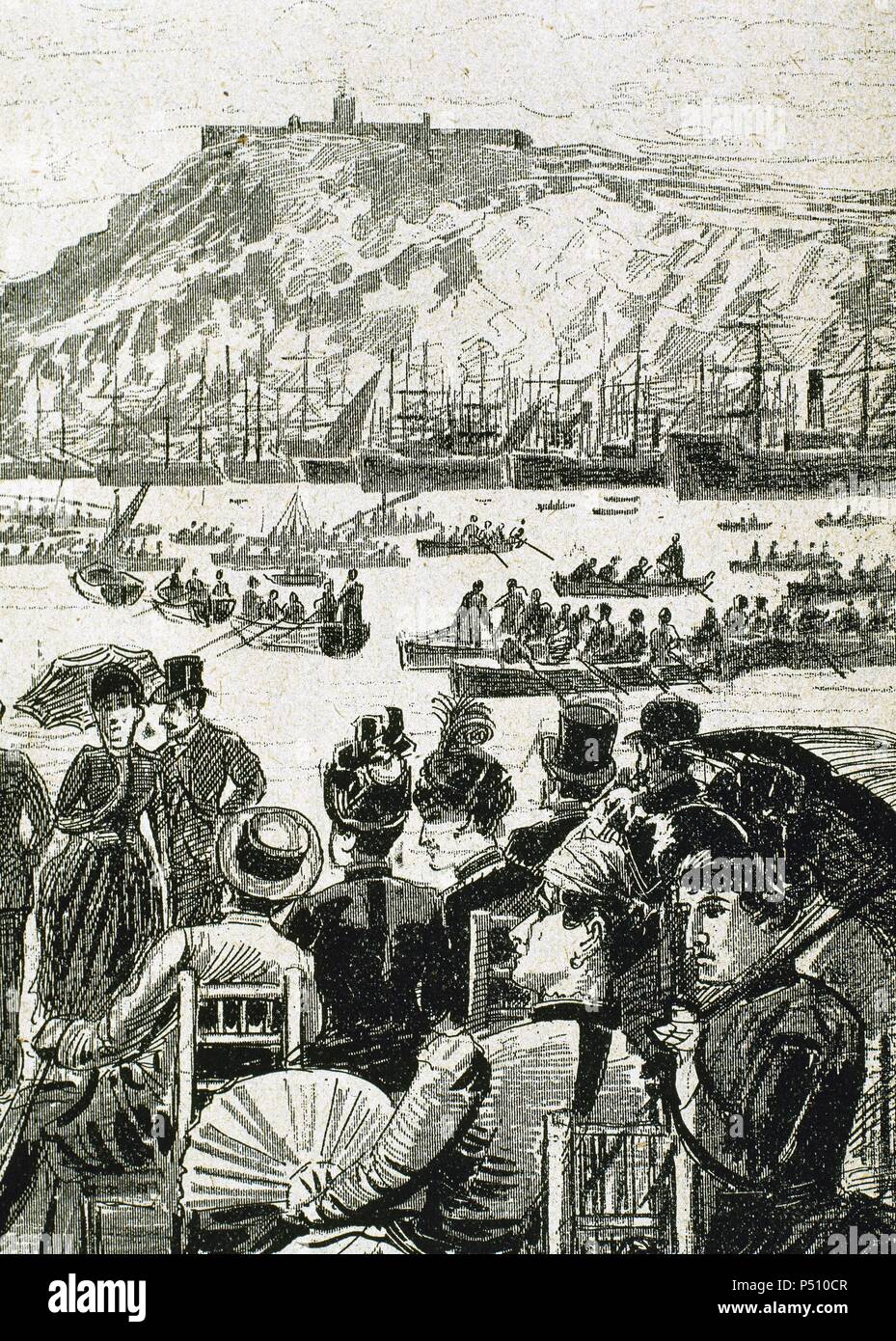 Spain. Catalonia. Barcelona. Audience at the sea spectacle held during ...