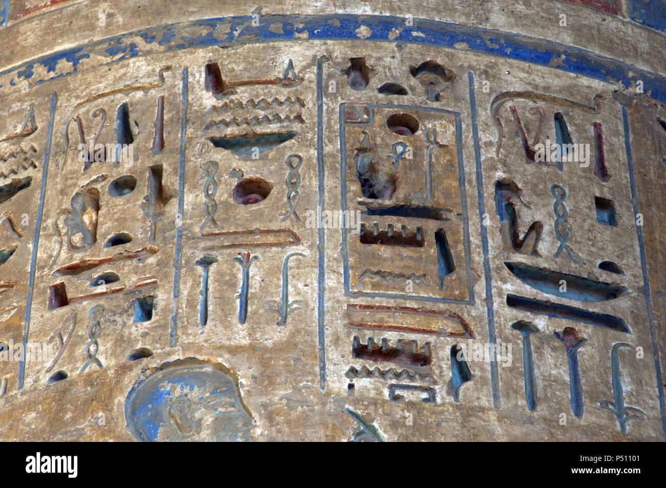 Temple of Ramses III. Egyptian hieroglyphs. Relief. New Kingdom. (1550 ...