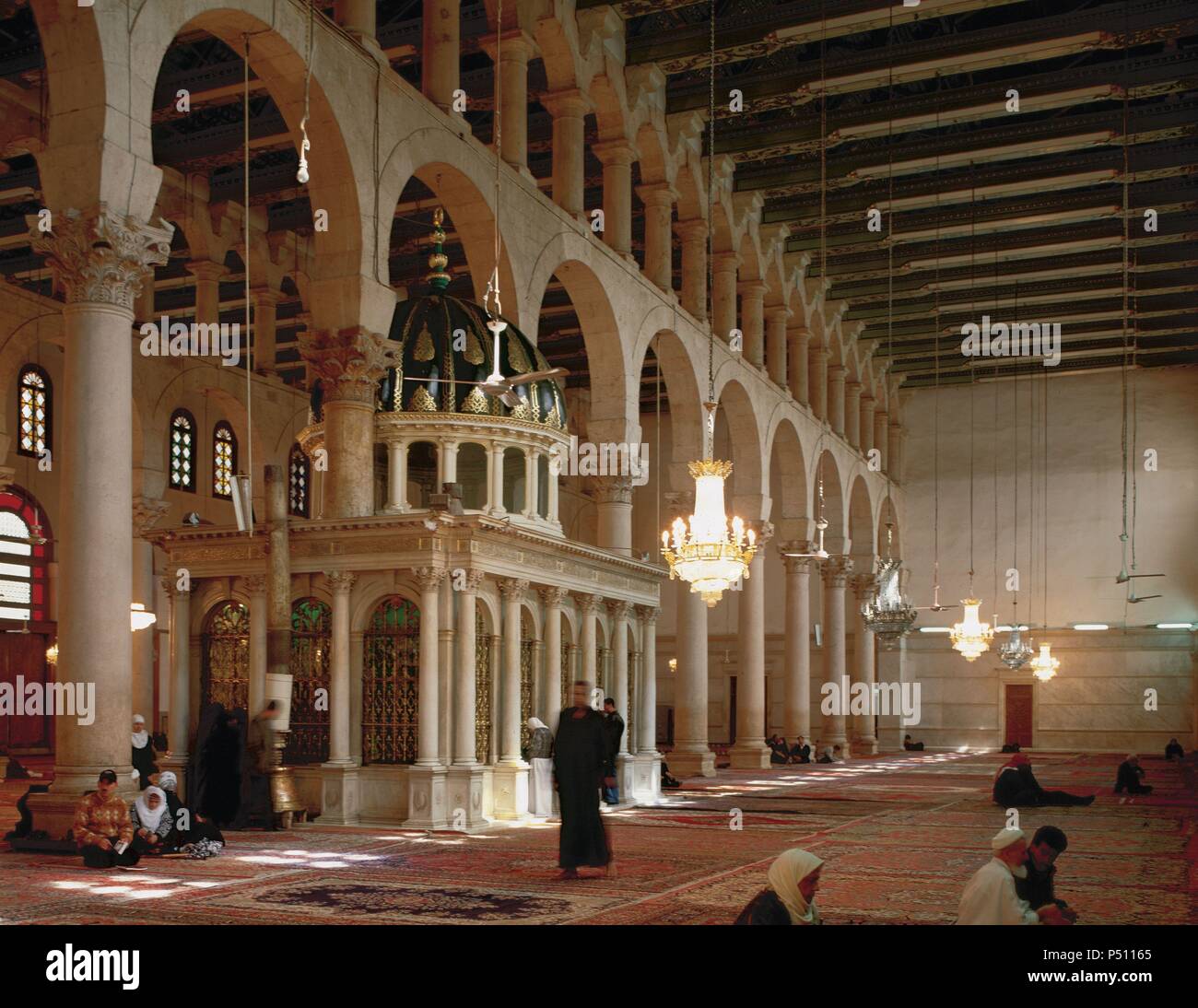 MOSQUE OF DAMASCUS. View of the Prayer Room or haram. The marble ...