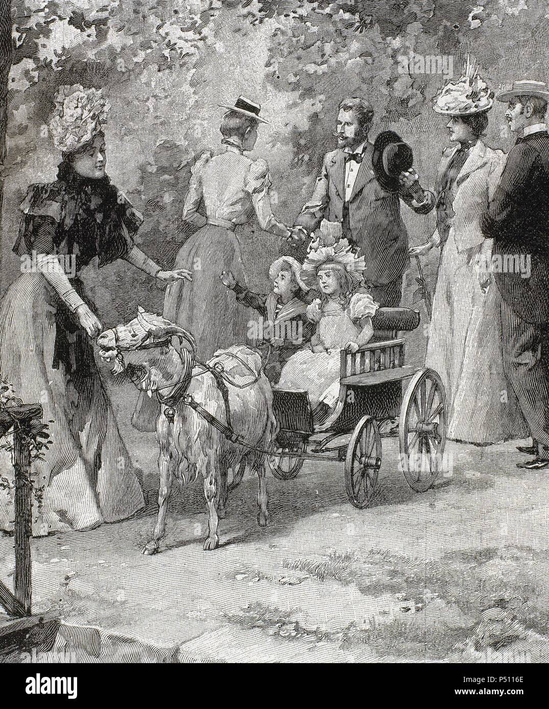 Bourgeoisie. Family greeting in a park. Engraving 1900 Stock Photo - Alamy