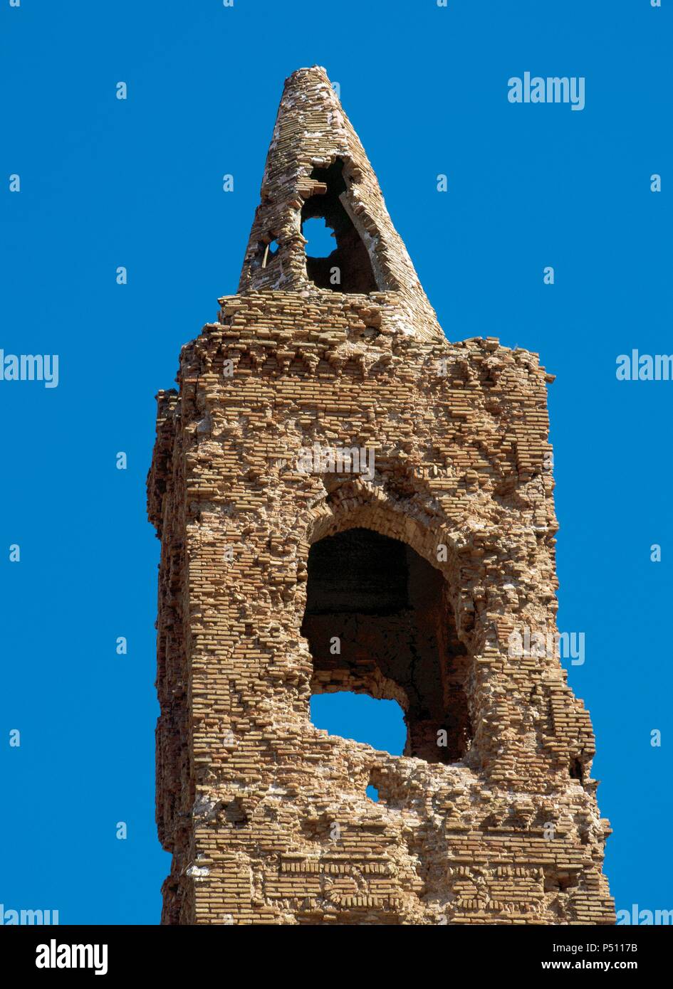 Spain. Belchite. Ruins of the belfry of a church, destroyed in the ...
