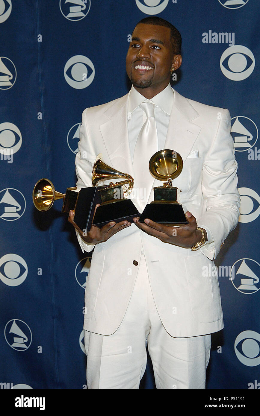 Kanye West backstage at the 47th Annual Grammy Awards at the Staple ...