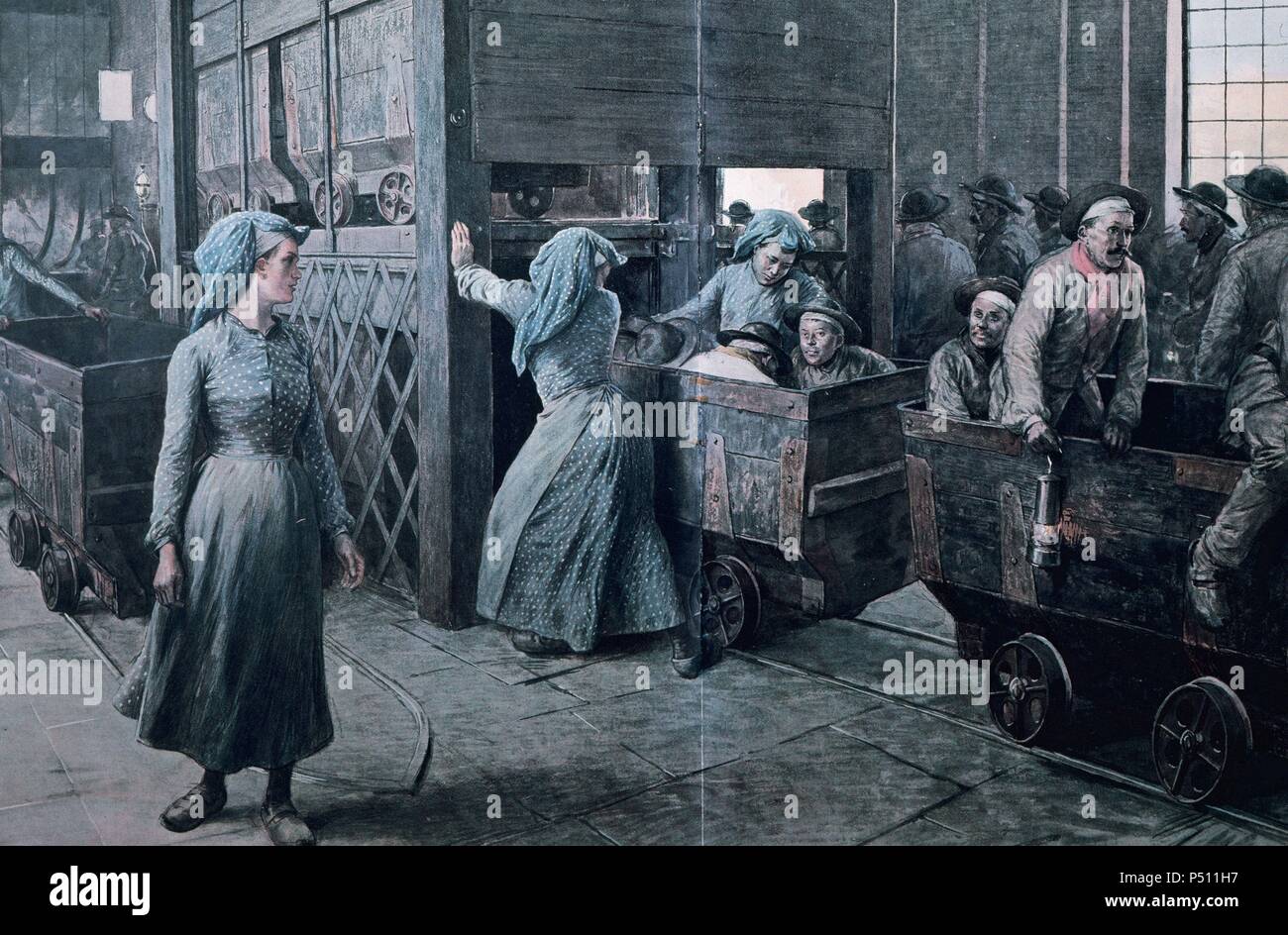 France. Women working inside of a coal mine. The "moulineuses".Drawing ...