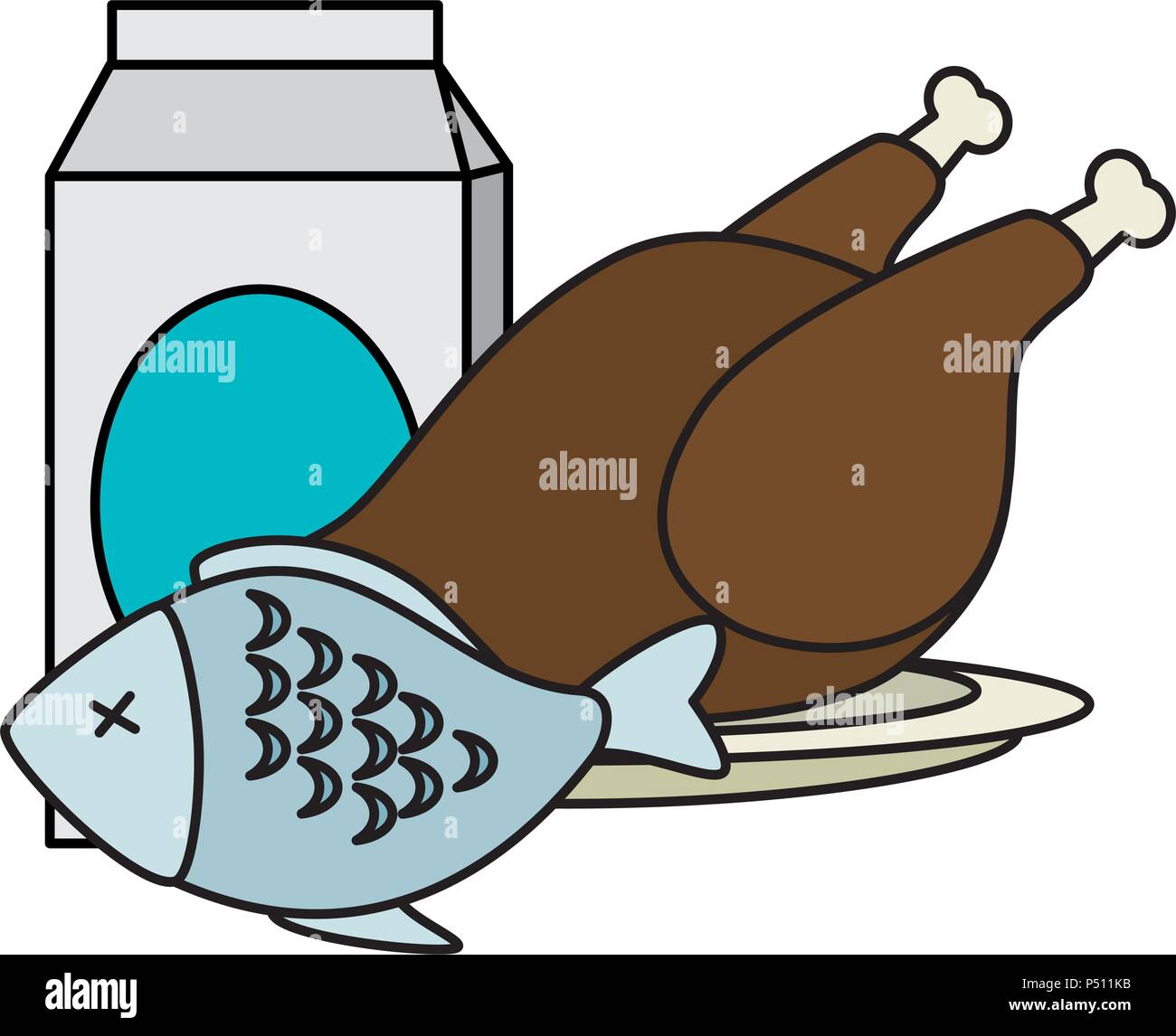 chicken and fish meat with milk box vector illustration design Stock ...