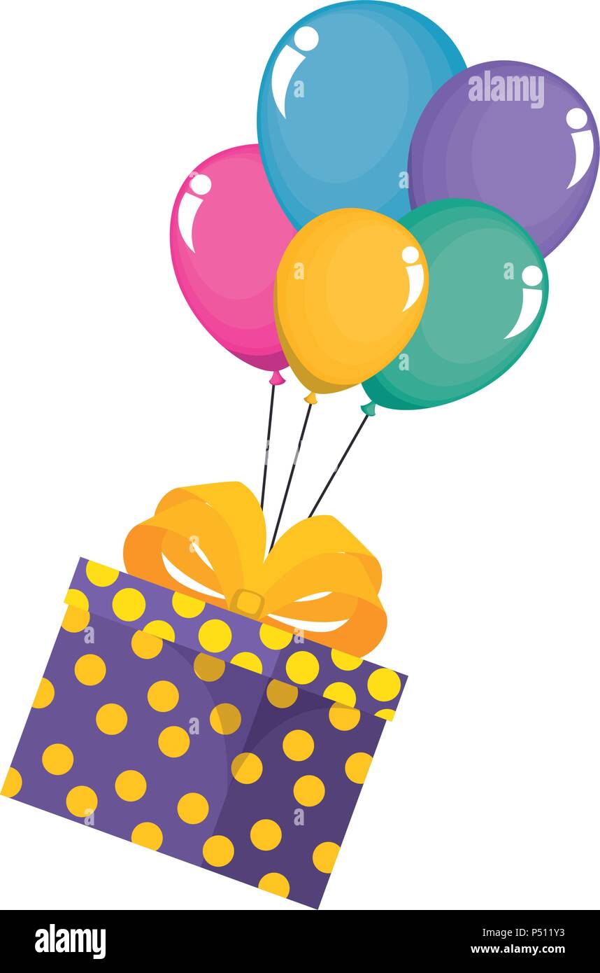 gift box present flying with balloons helium vector illustration design ...