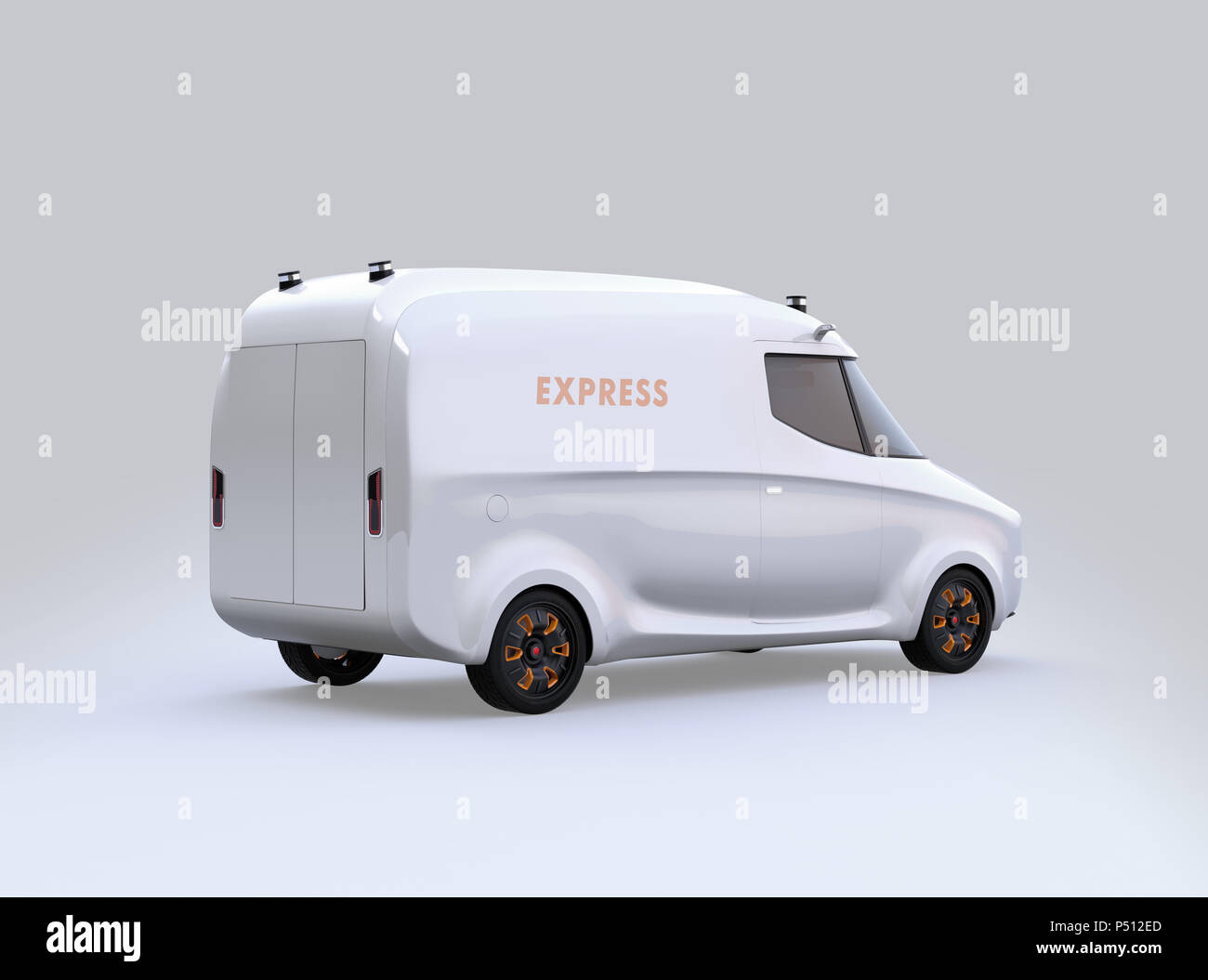 Rear view of white electric powered delivery van. 3D rendering image ...
