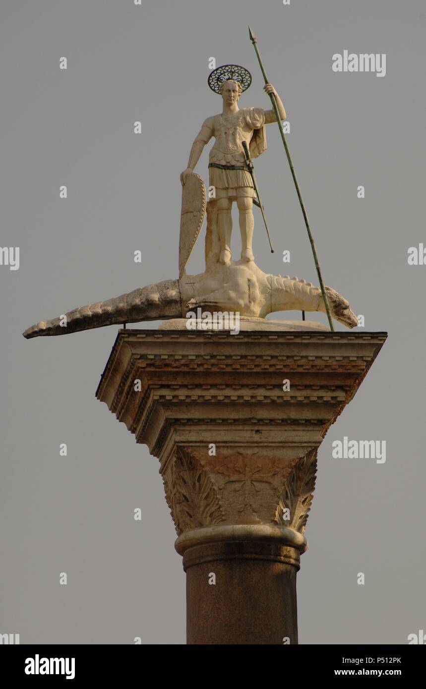 Saint Theodore statue, patron of Venice, on a granite column in the ...