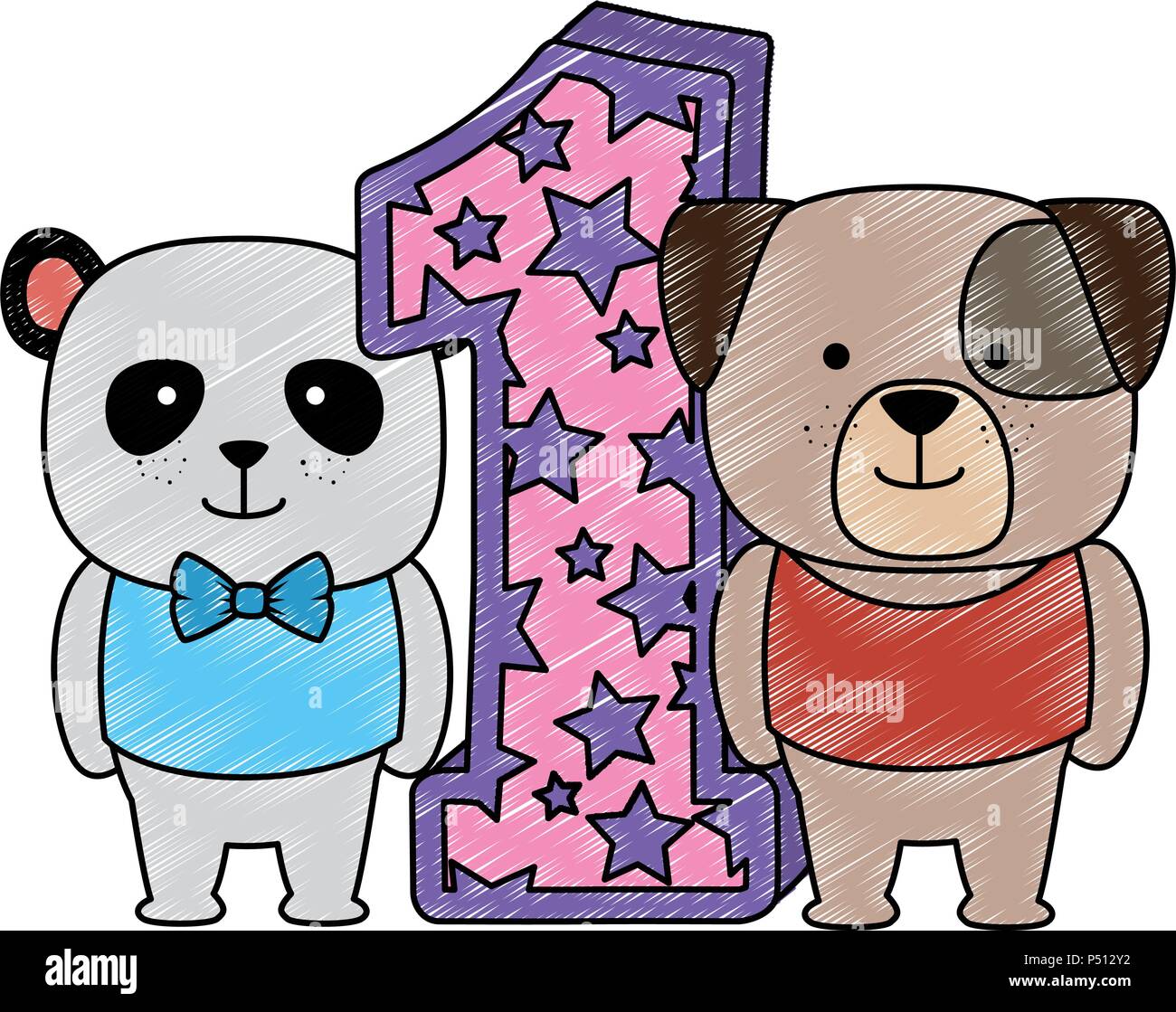 cute number one with bear panda and dog characters vector illustration ...