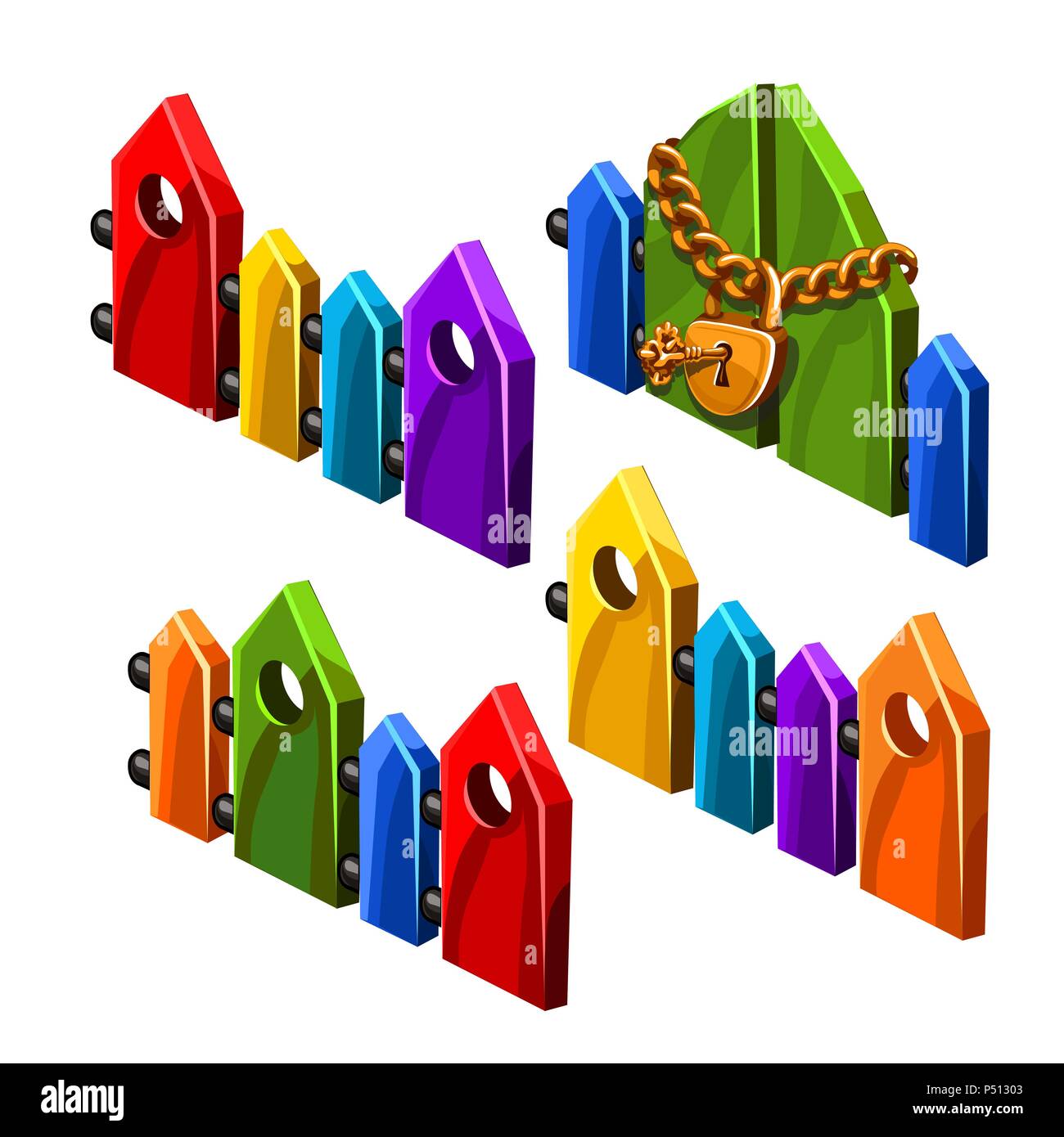 Set of bright colored wooden fences isolated on white background ...