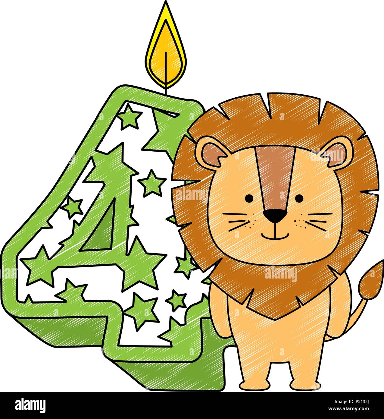 cute number four candle with lion vector illustration design Stock ...