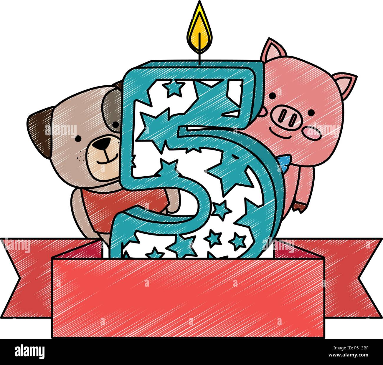 cute number five candle with dog and pig vector illustration design ...
