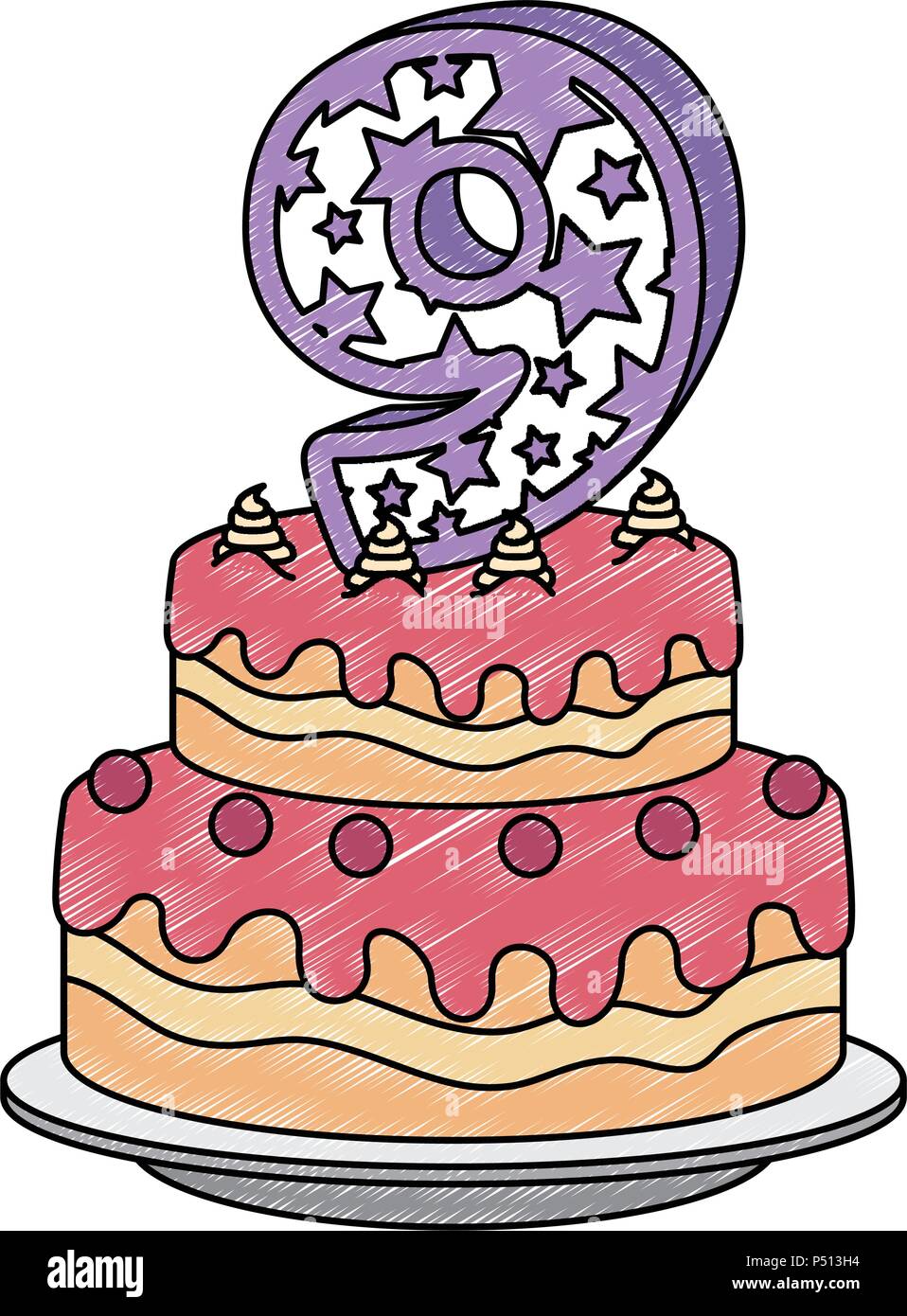 cute number nine candle with sweet cake vector illustration design ...