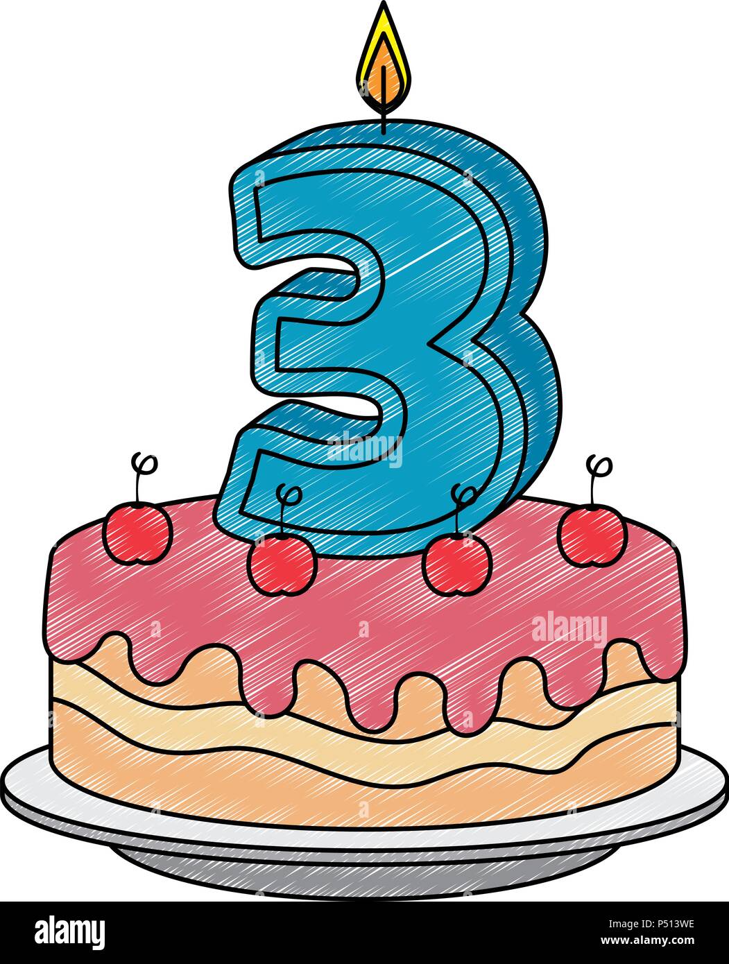 cute number three candle with sweet cake vector illustration design ...