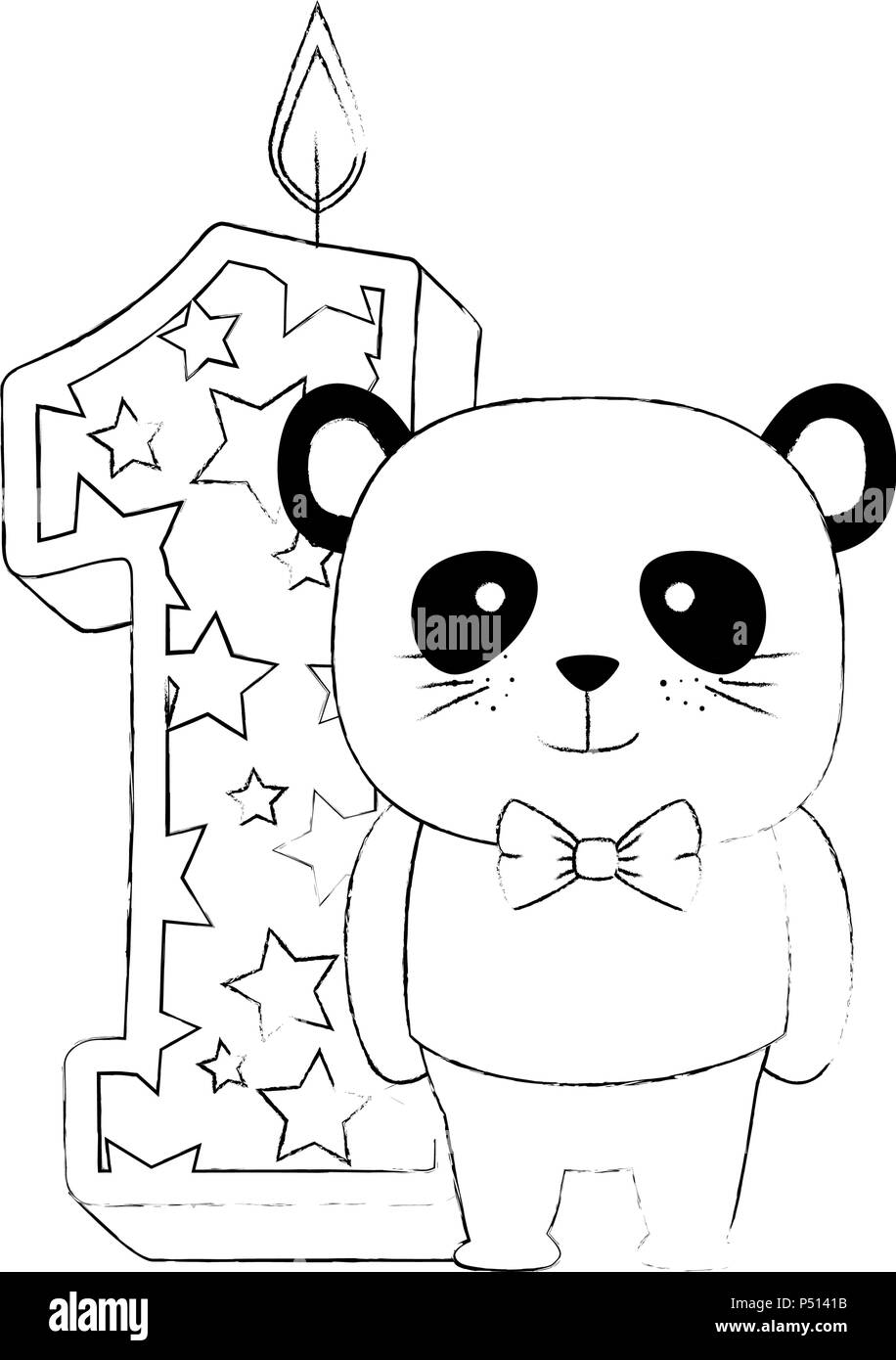 cute number one candle with cute panda bear vector illustration design ...