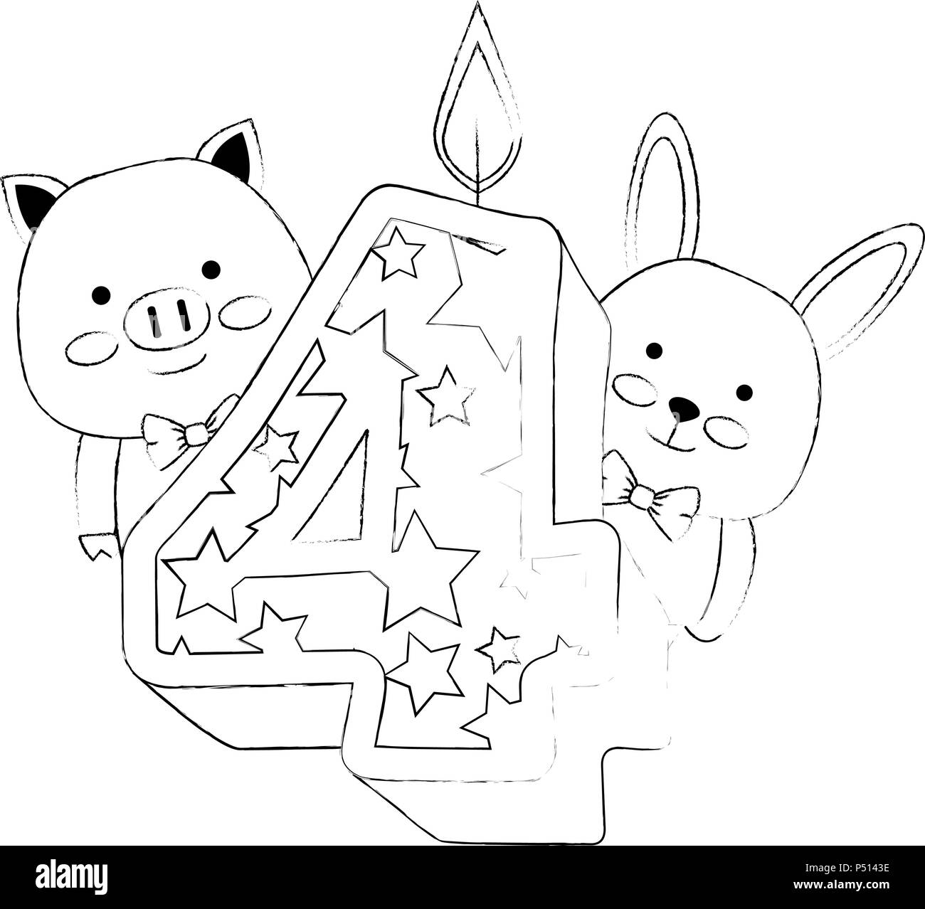 cute number four with pig and rabbit vector illustration design Stock ...