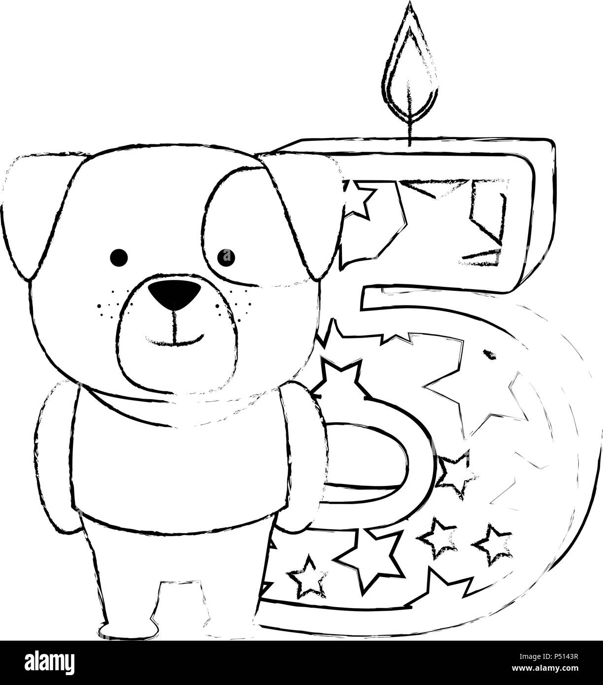 cute number five candle with dog character vector illustration design ...