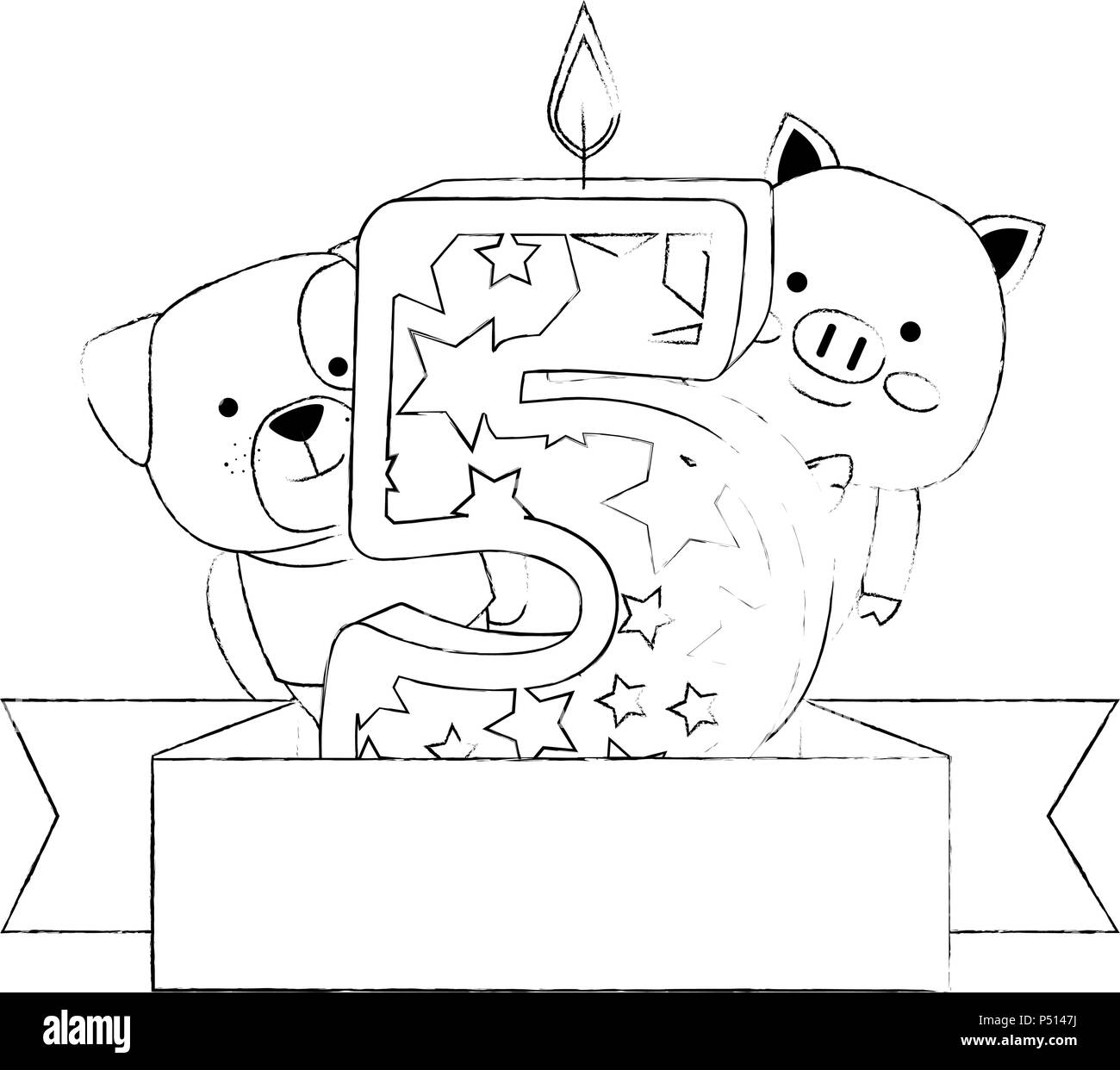 cute number five candle with dog and pig vector illustration design ...