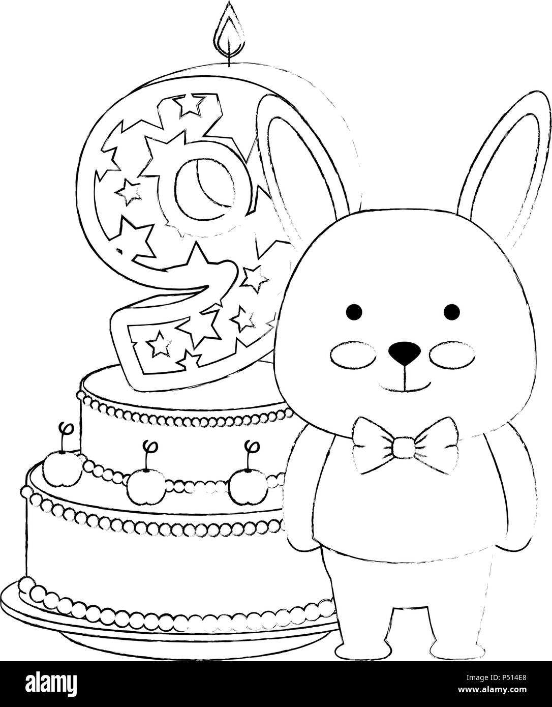 cute number nine candle with rabbit and cake vector illustration design ...