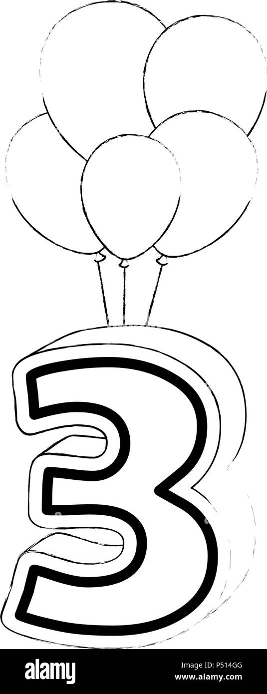 cute number three with balloons helium vector illustration design Stock ...
