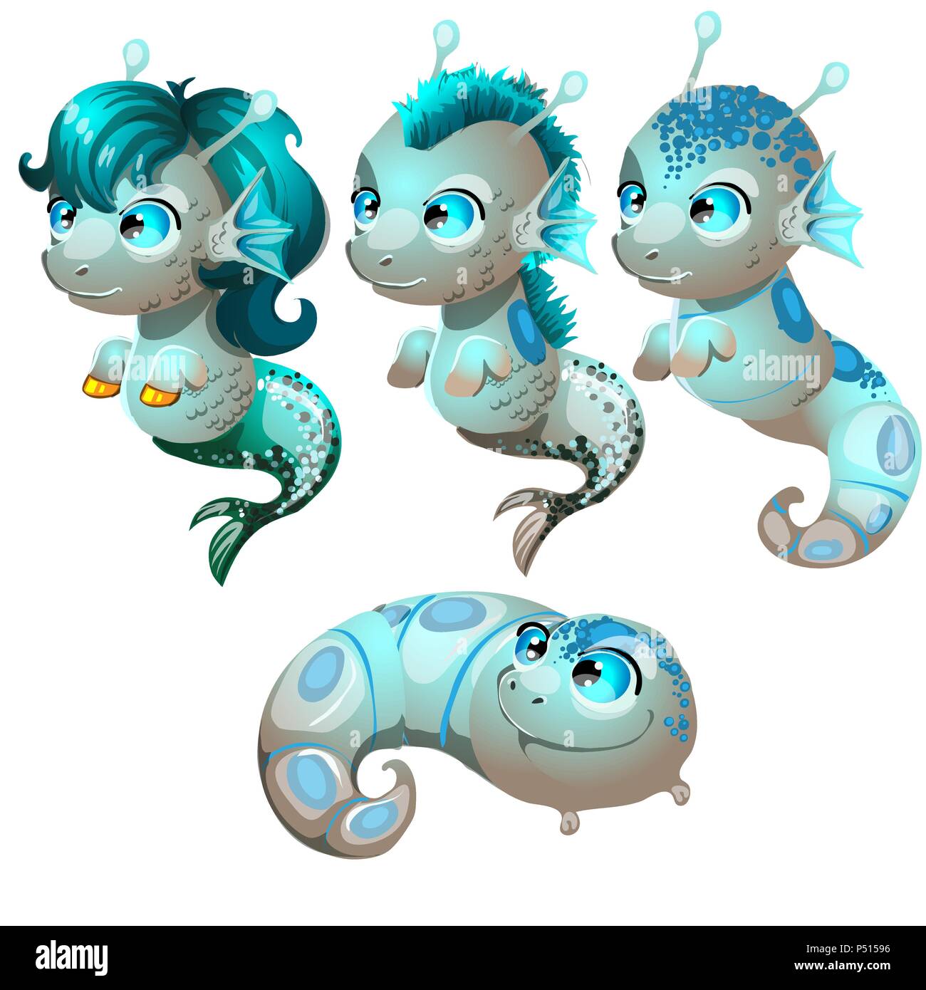 Set fantasy cartoon seahorse isolated on a white background. Stages of ...